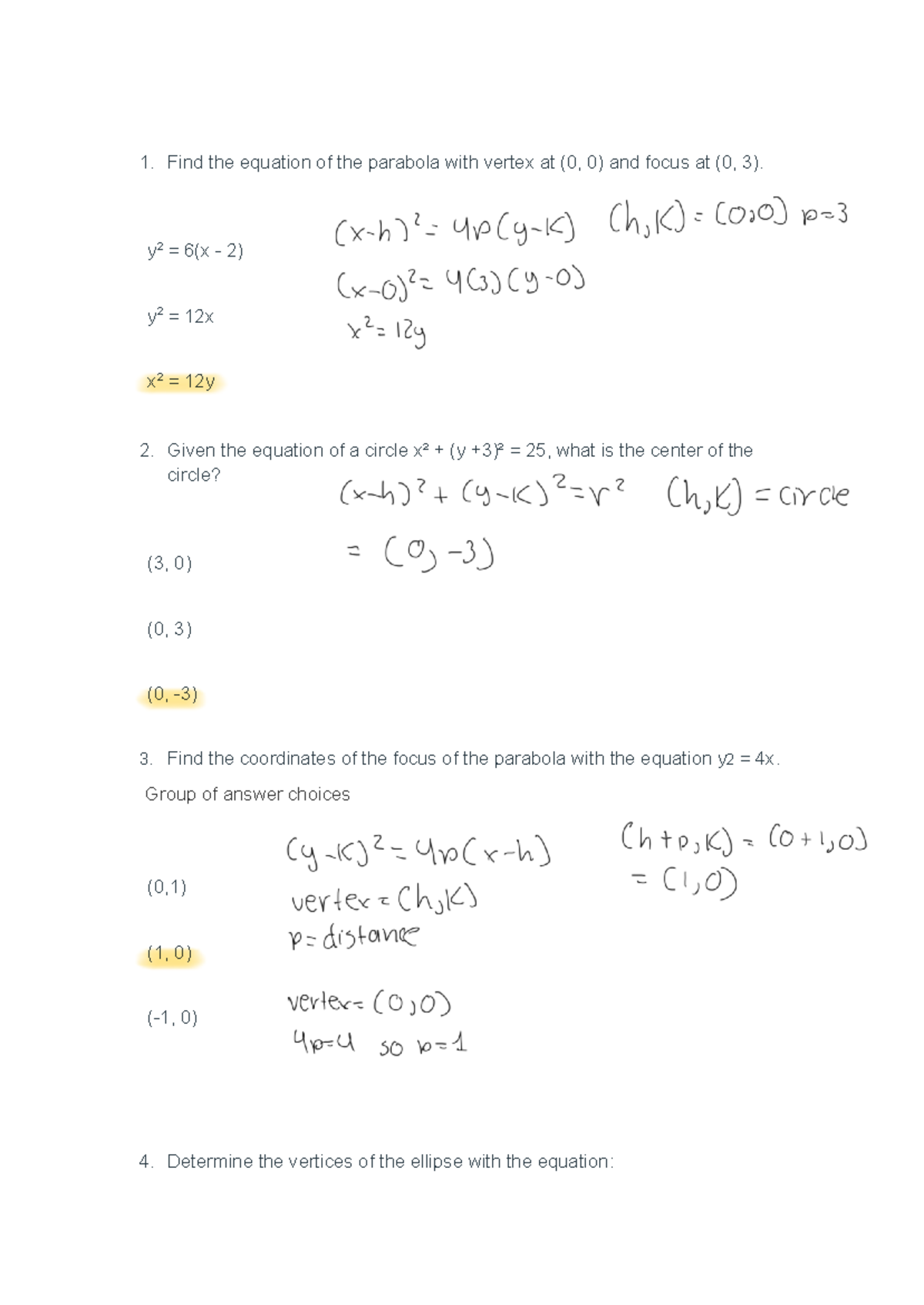Guía de mate 3 - Find the equation of the parabola with vertex at (0, 0 ...