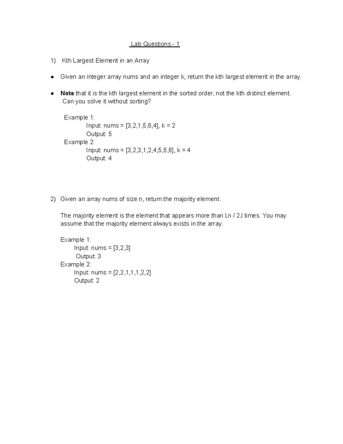 DAA Lab Questions: Kth Largest & Majority Element - Studocu