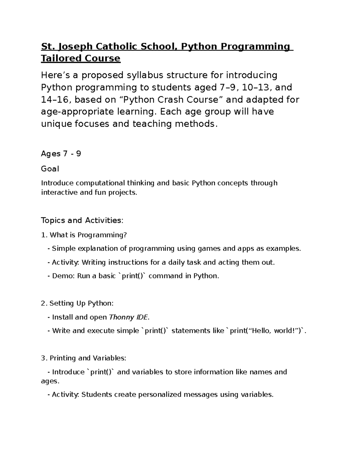 Python Programming Course Structure for Ages 7-9 and 10-12 - Studocu