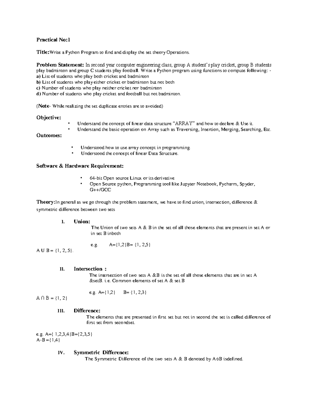 Practical No: 1 - Python Program for Set Theory Operations in CS101 - Studocu