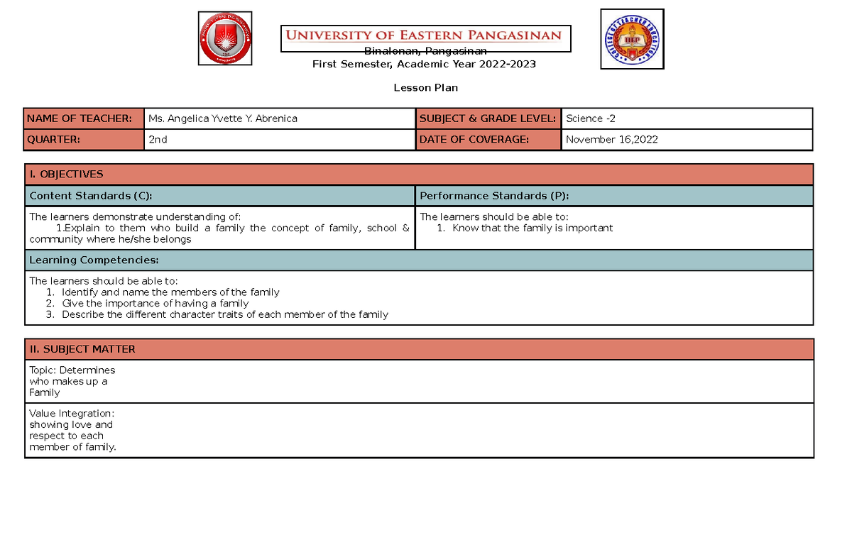 Lesson Plan Template (English) - First Semester, Academic Year 2022 ...