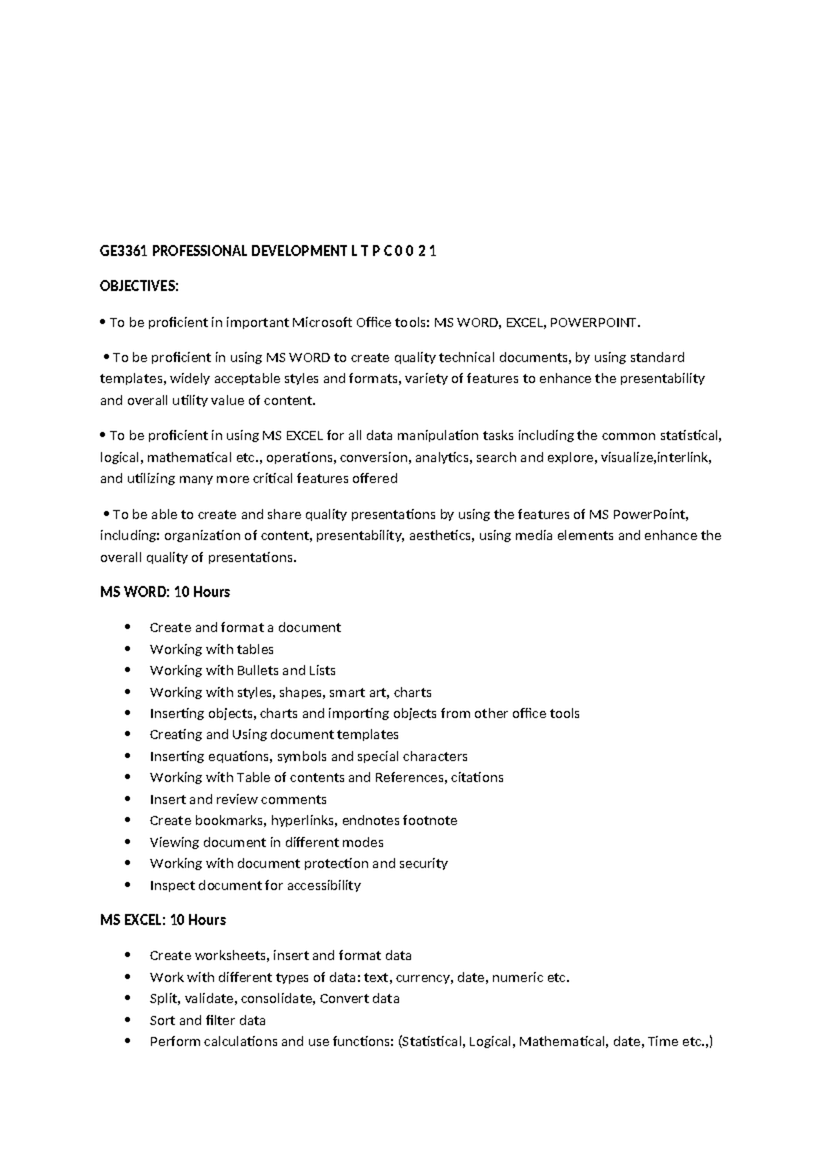 GE3361 Professional Development Syllabus: MS Office Skills Training ...