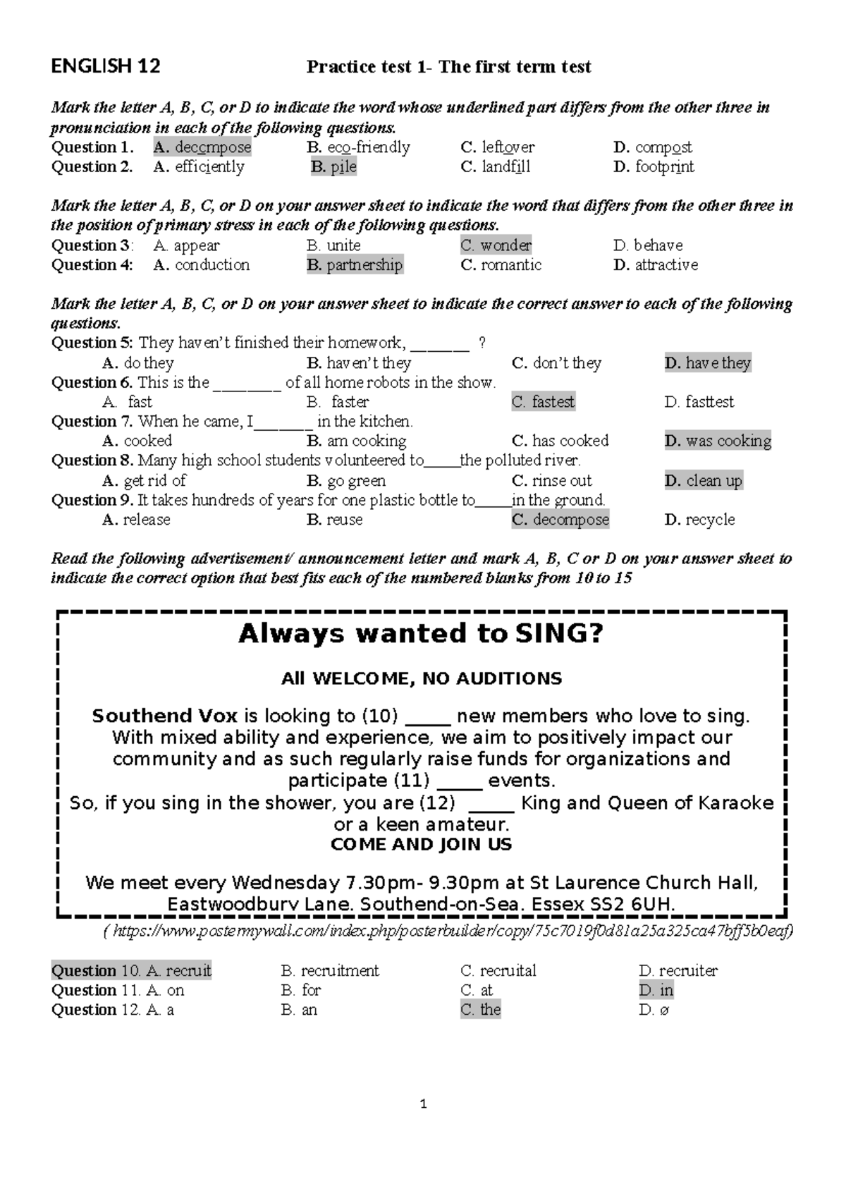 ENGLISH 12 First Term Practice Test 1 - Answer Key - Studocu