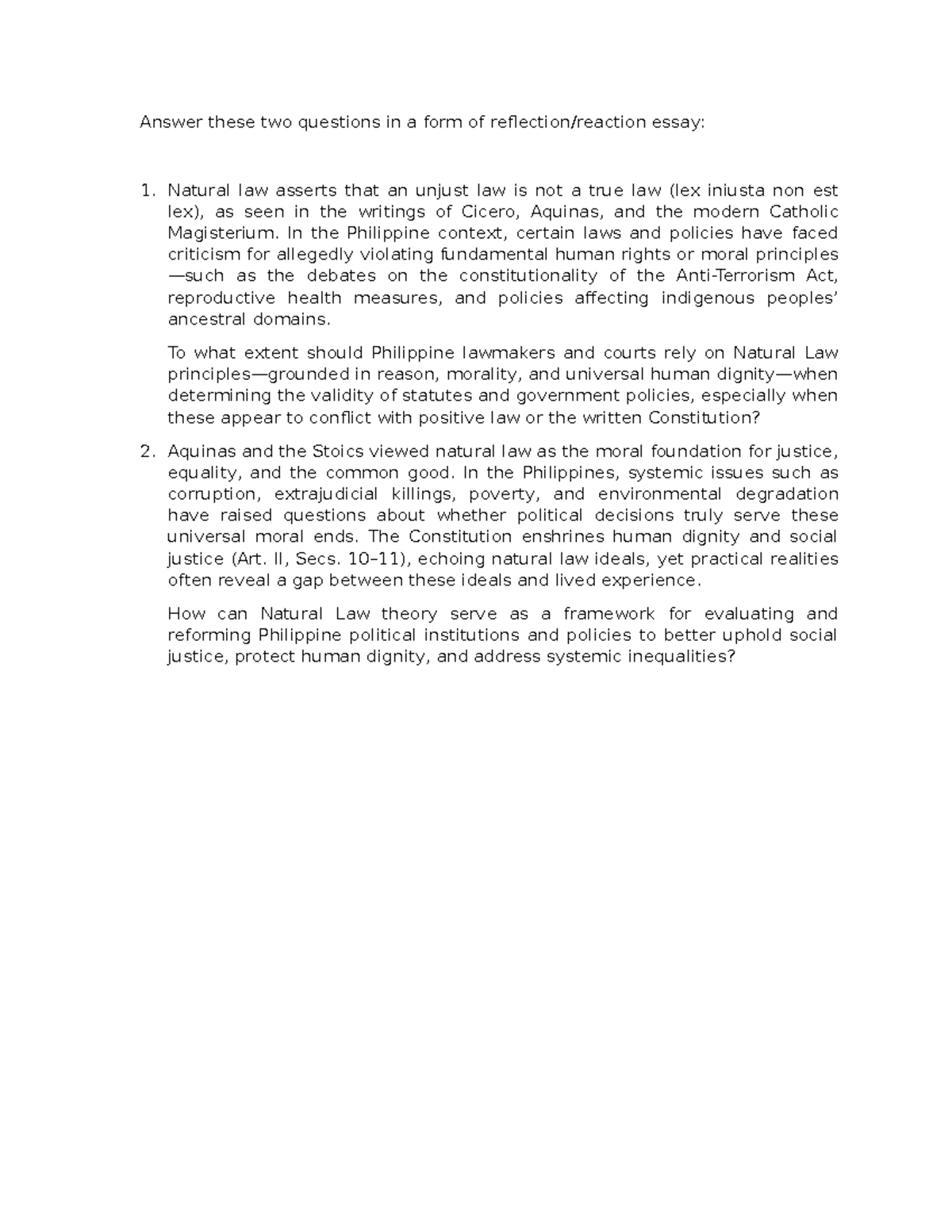 Reflection Paper 2: Positive Law vs. Natural Law in the Philippines ...
