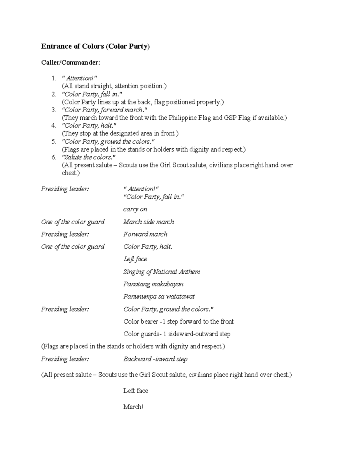 Entrance of Colors Ceremony Guide (Color Party) - Studocu