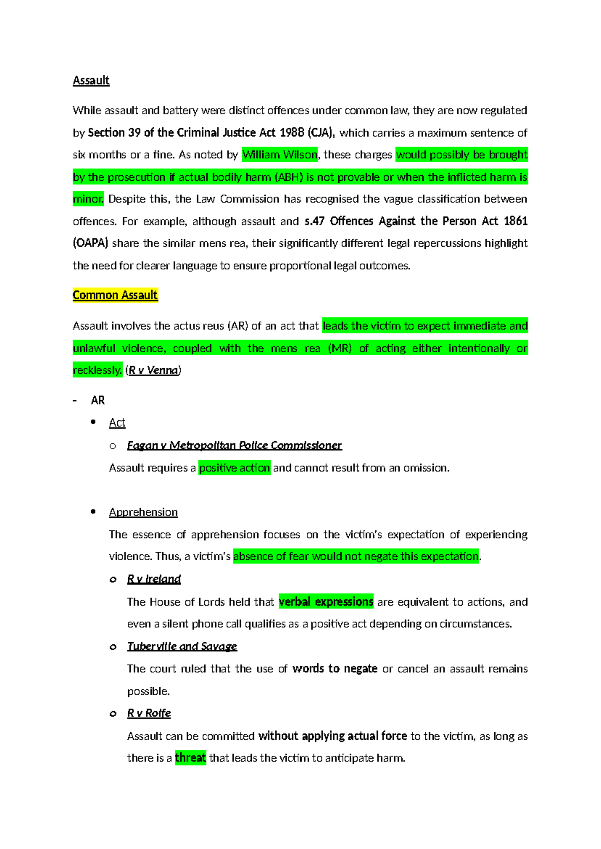 OAPA 1861: Assault and Bodily Harm Overview and Case Law Notes - Studocu