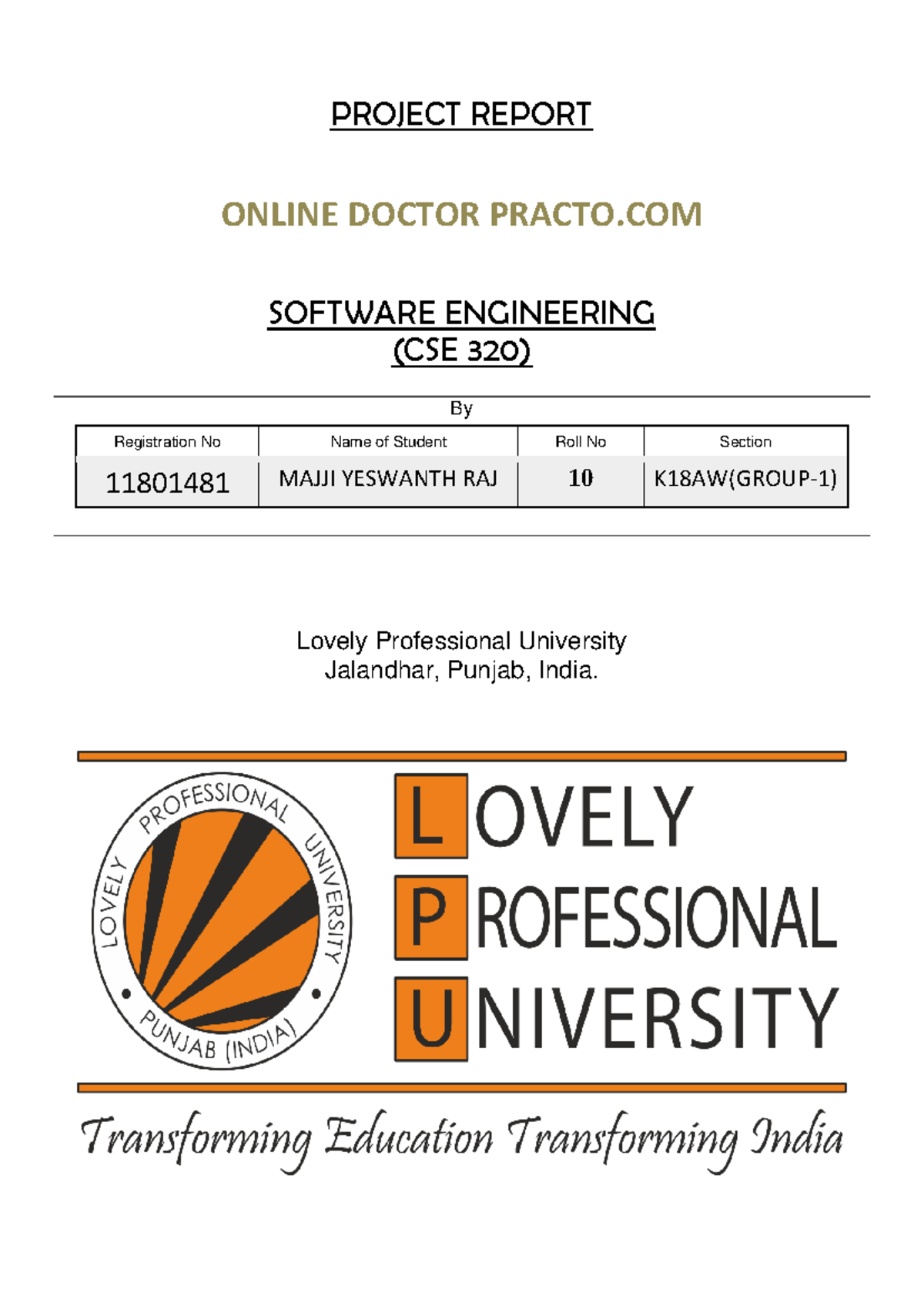 Project Report on Online Doctor Practo - Software Engineering (CSE 320) - Studocu