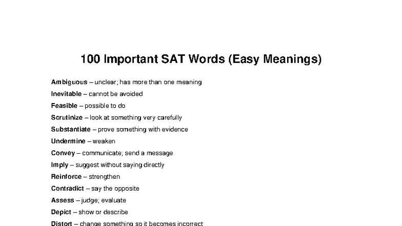 ENGLISH 100: 100 Essential SAT Words with Easy Meanings - Studocu