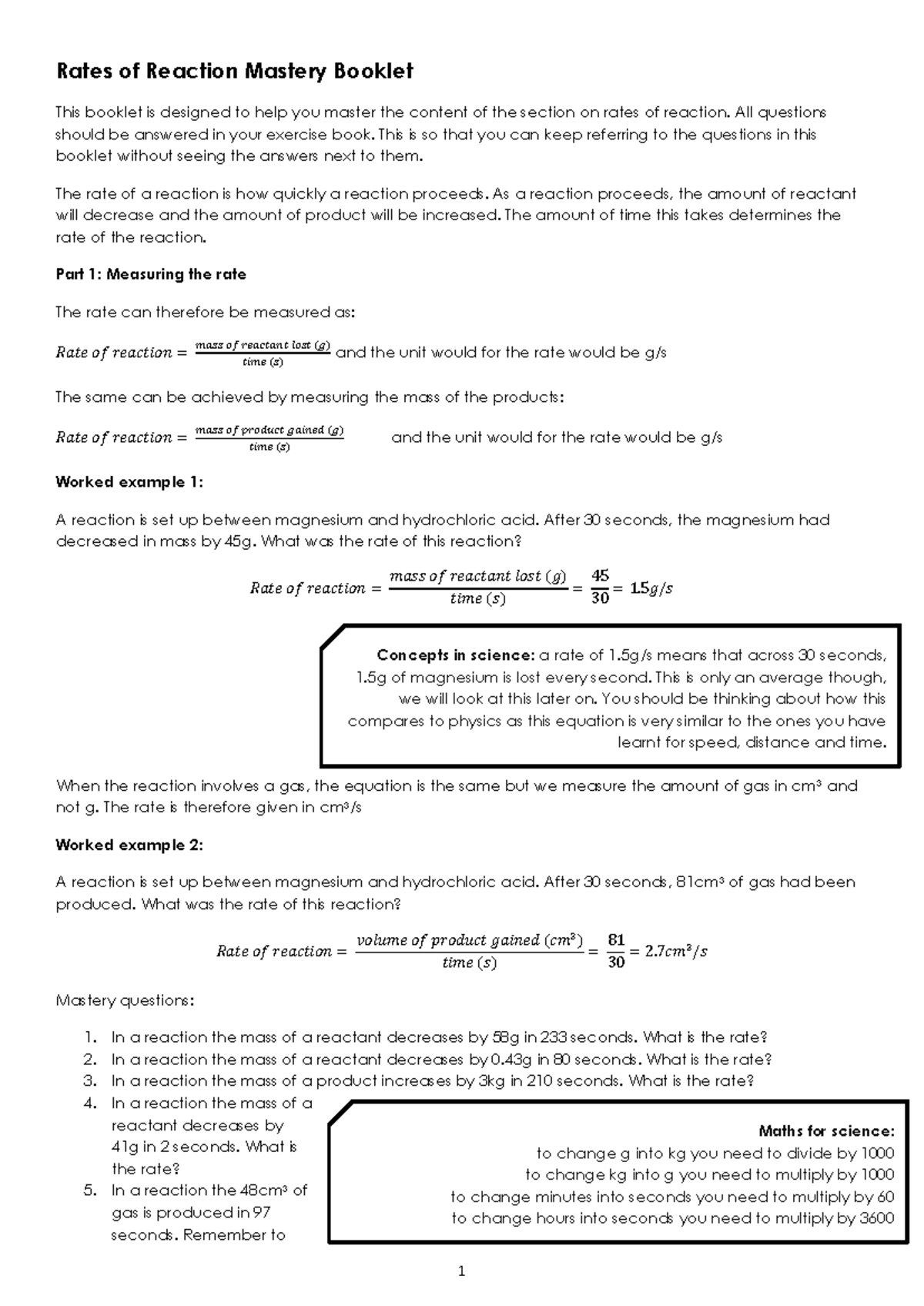 Rates of Reaction Mastery Questions and Worked Examples (Chemistry ...