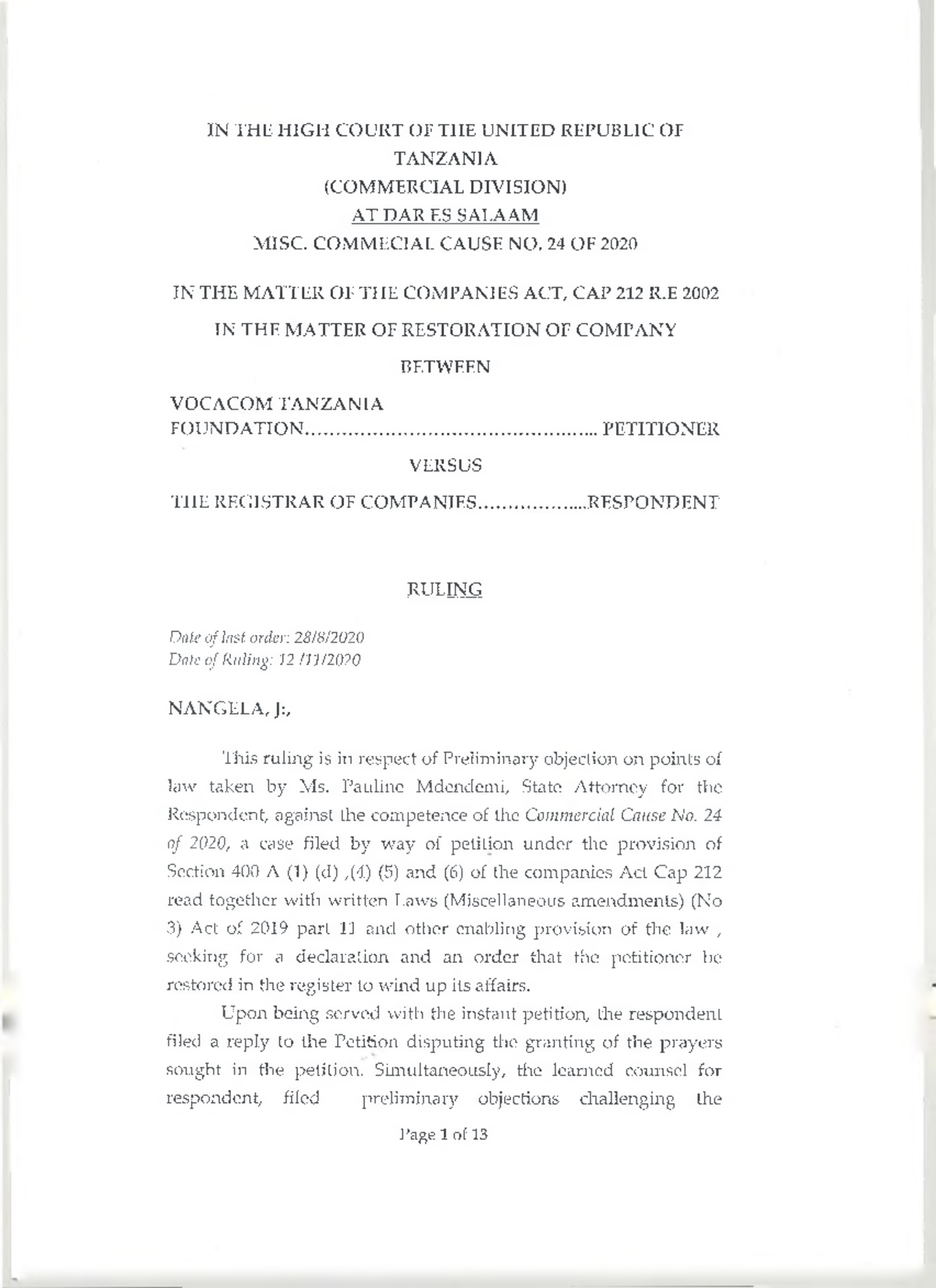 Vodacom Tanzania Foundation vs Registrar of Companies: Ruling on Misc ...