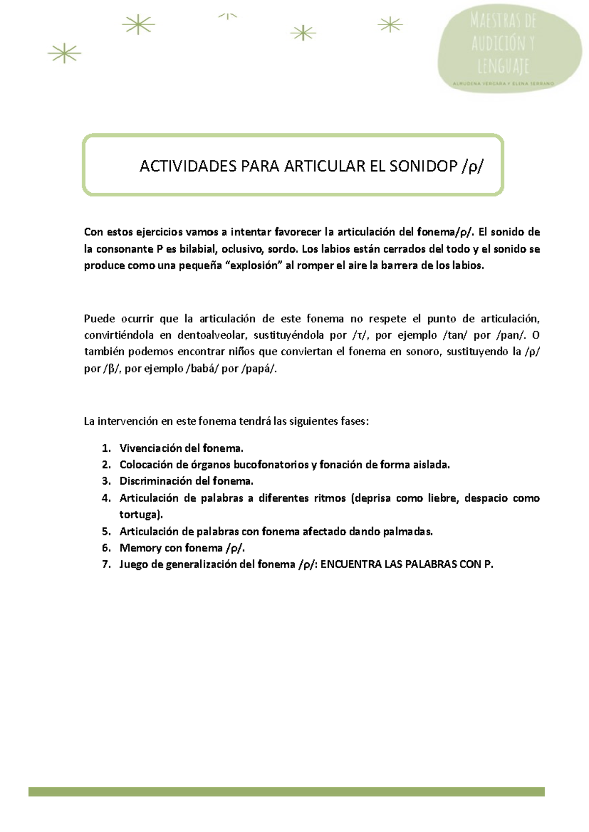 Fonema P: Actividades para la Articulación y Discriminación - Studocu
