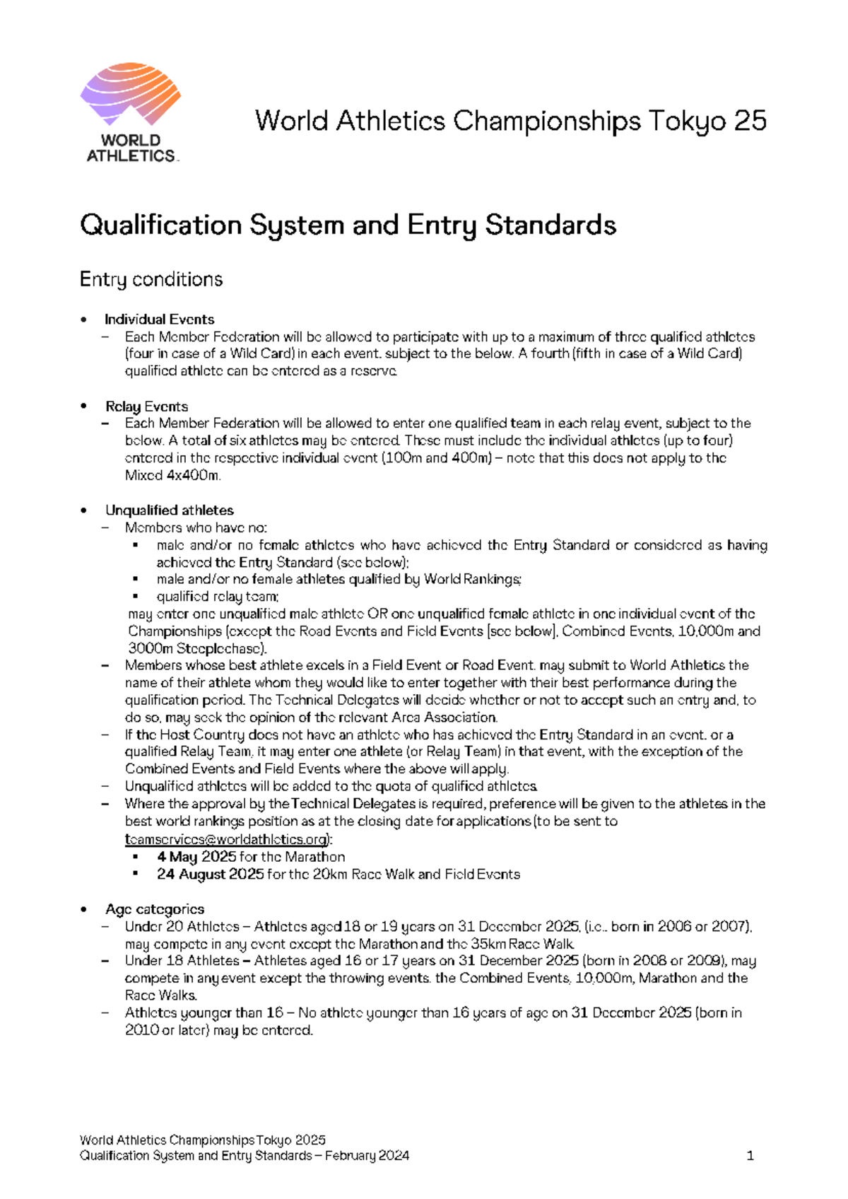 WCH Tokyo 25 Qualifying Procedures & Entry Standards Overview - Studocu