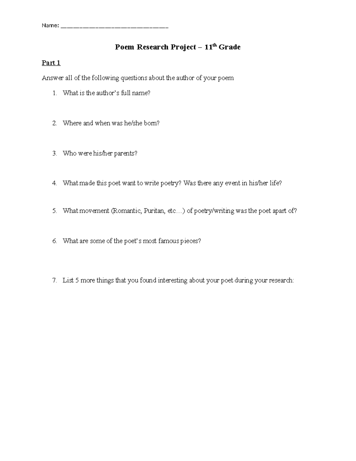 Poem Research Project - 11th Grade: Author Analysis Part 1 - Studocu