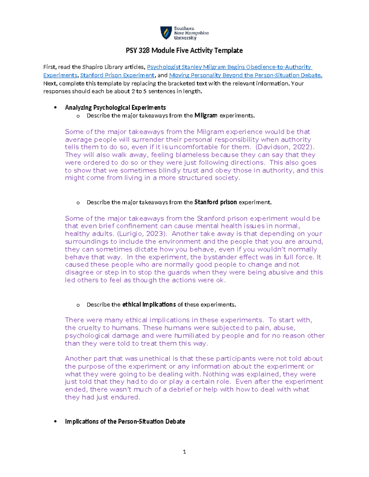 PSY-328 Module 5 Activity - PSY 328 Module Five Activity Template First ...