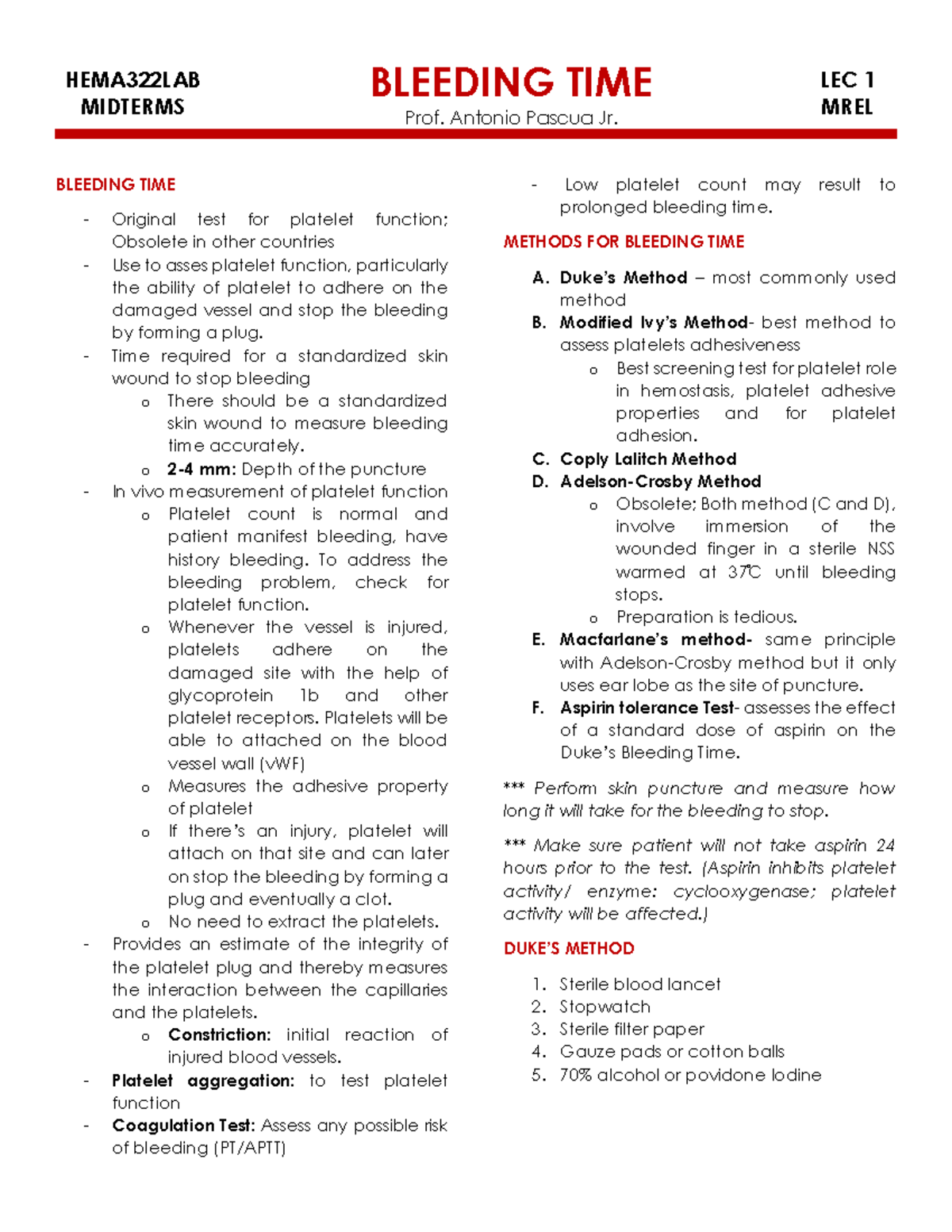 Bleeding Time - HEMA322LAB MIDTERMS BLEEDING TIME Prof. Antonio Pascua ...