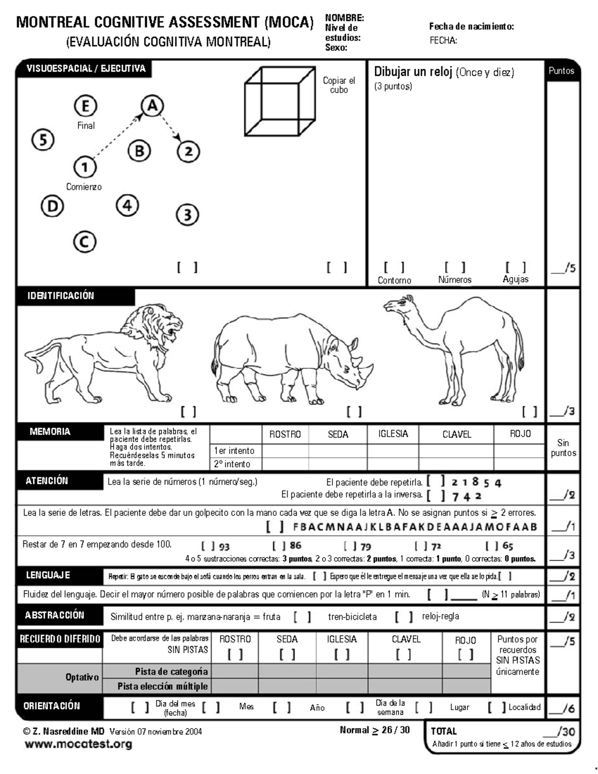 MoCA Test en Español: Evaluación Cognitiva Completa - Studocu