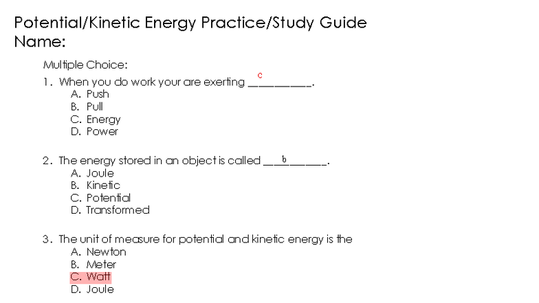 Potential and Kinetic Energy Study Guide (Course Code: Energy 101 ...