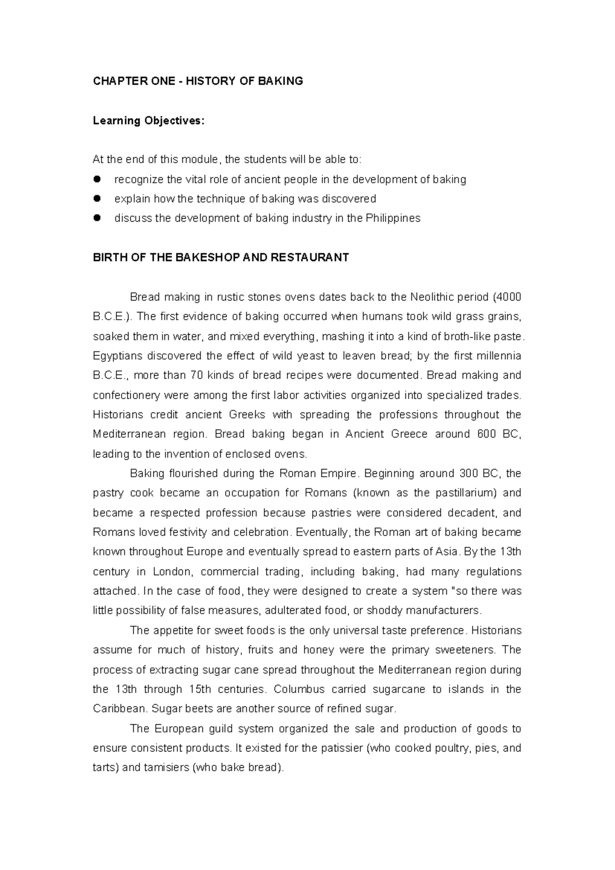 Chapter 1 History OF Baking - CHAPTER ONE - HISTORY OF BAKING Learning ...