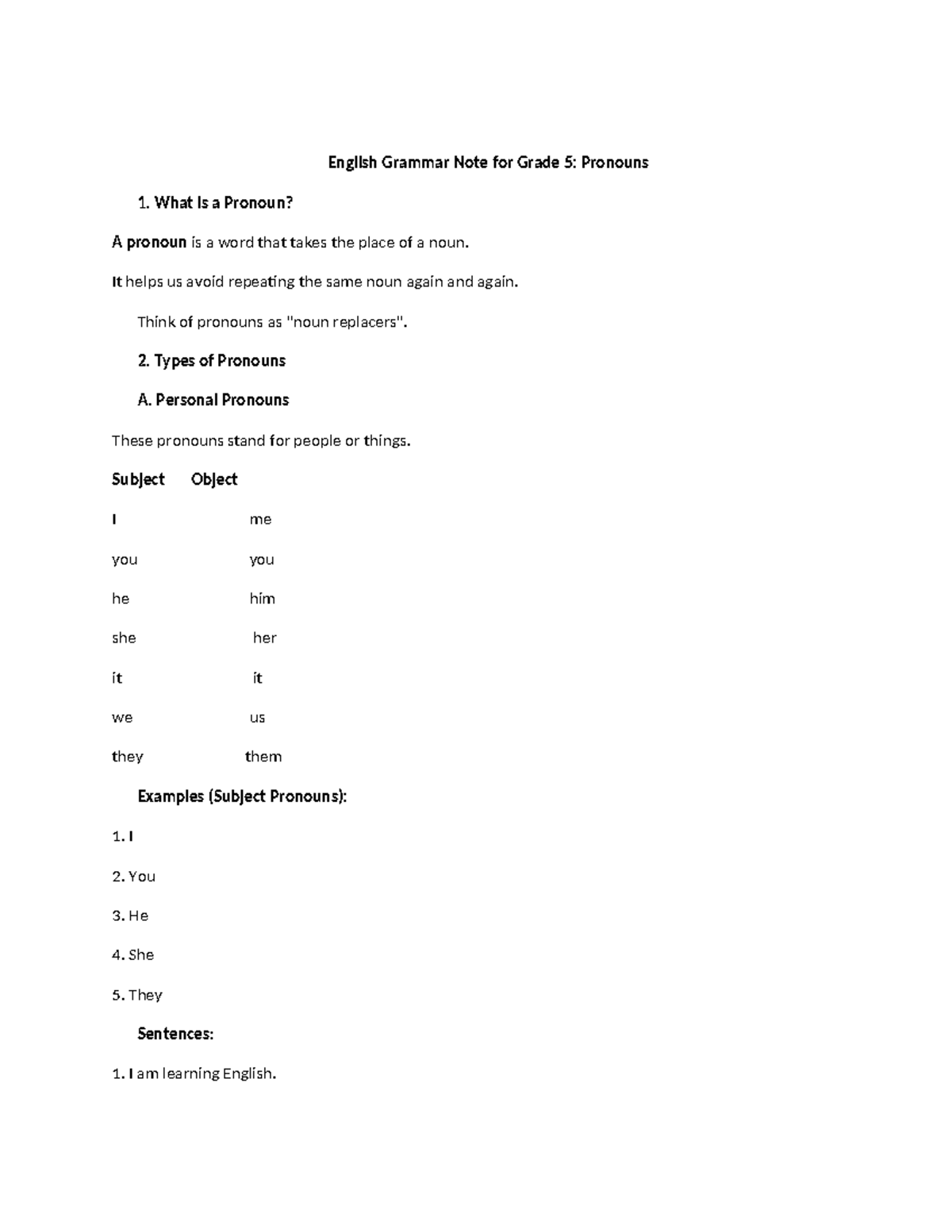 Pronouns Grammar Notes for Grade 5: Understanding Types and Usage - Studocu