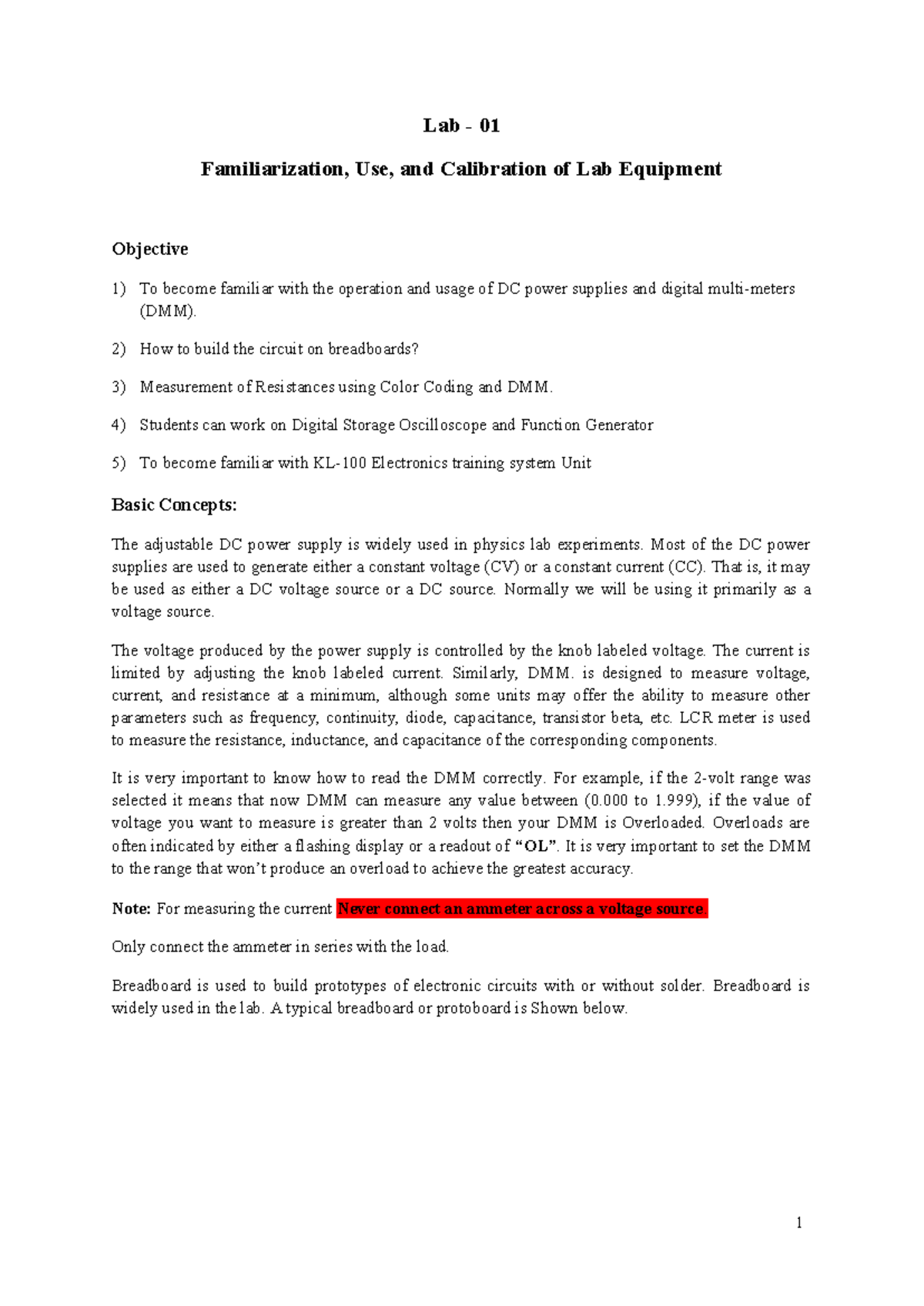 Lab 01: Familiarization with DC Power Supplies & DMM Calibration - Studocu