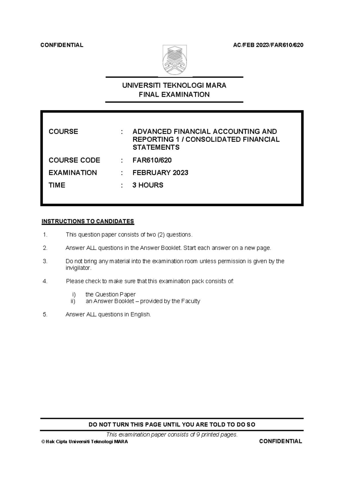 FAR620 FEB 2023 - Final Exam: Consolidated Financial Statements - Studocu