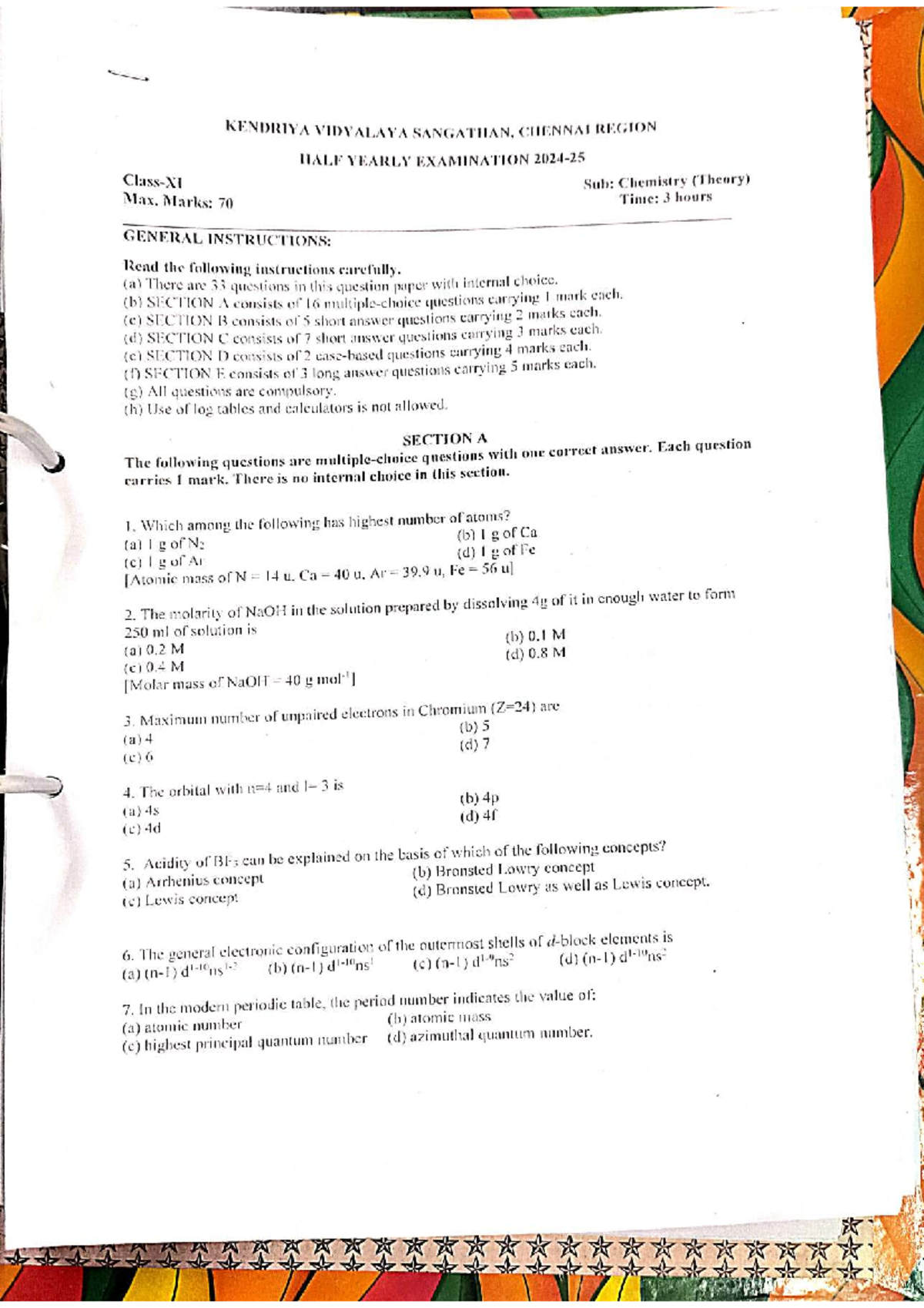 KVS Chennai Region Half Yearly Exam: Chemistry Theory (Max 70 Marks ...