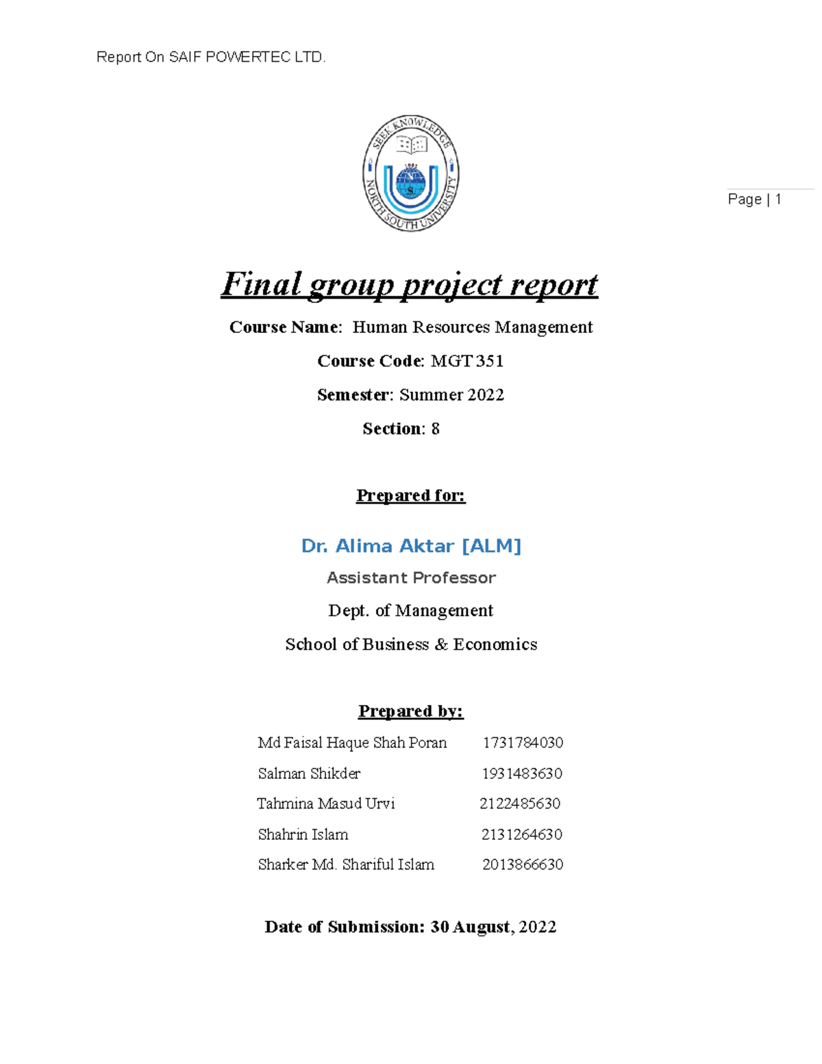 Final group project report MGT351 - Final group project report Course ...