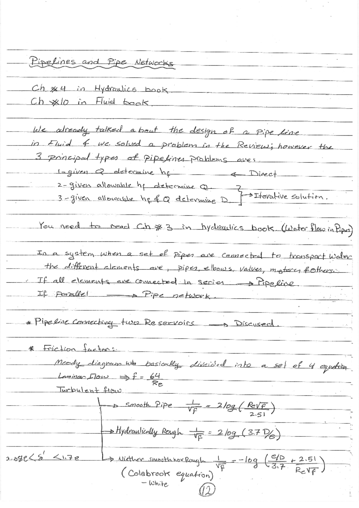Hydraulics Notes: Pipelines & Pipe Networks - Ch 4 Overview - Studocu