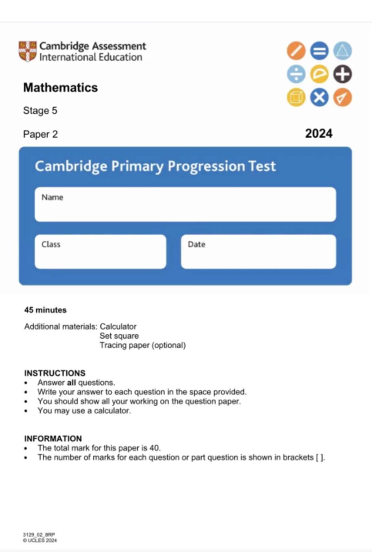 Mathematics Stage 5 Paper 2 - Cambridge Assessment 2024 - Studocu