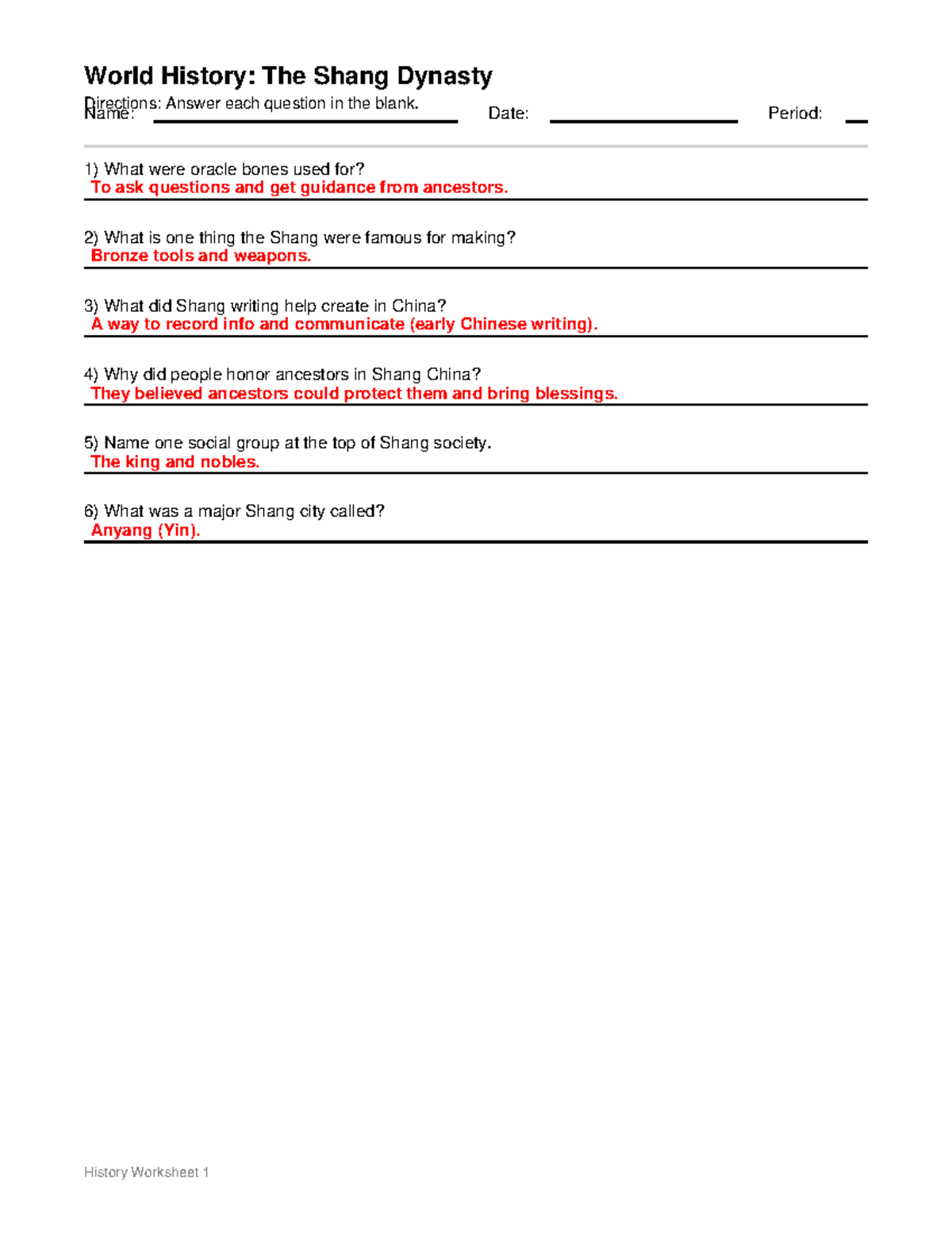 World History: Shang Dynasty Worksheet (07 History) - Studocu