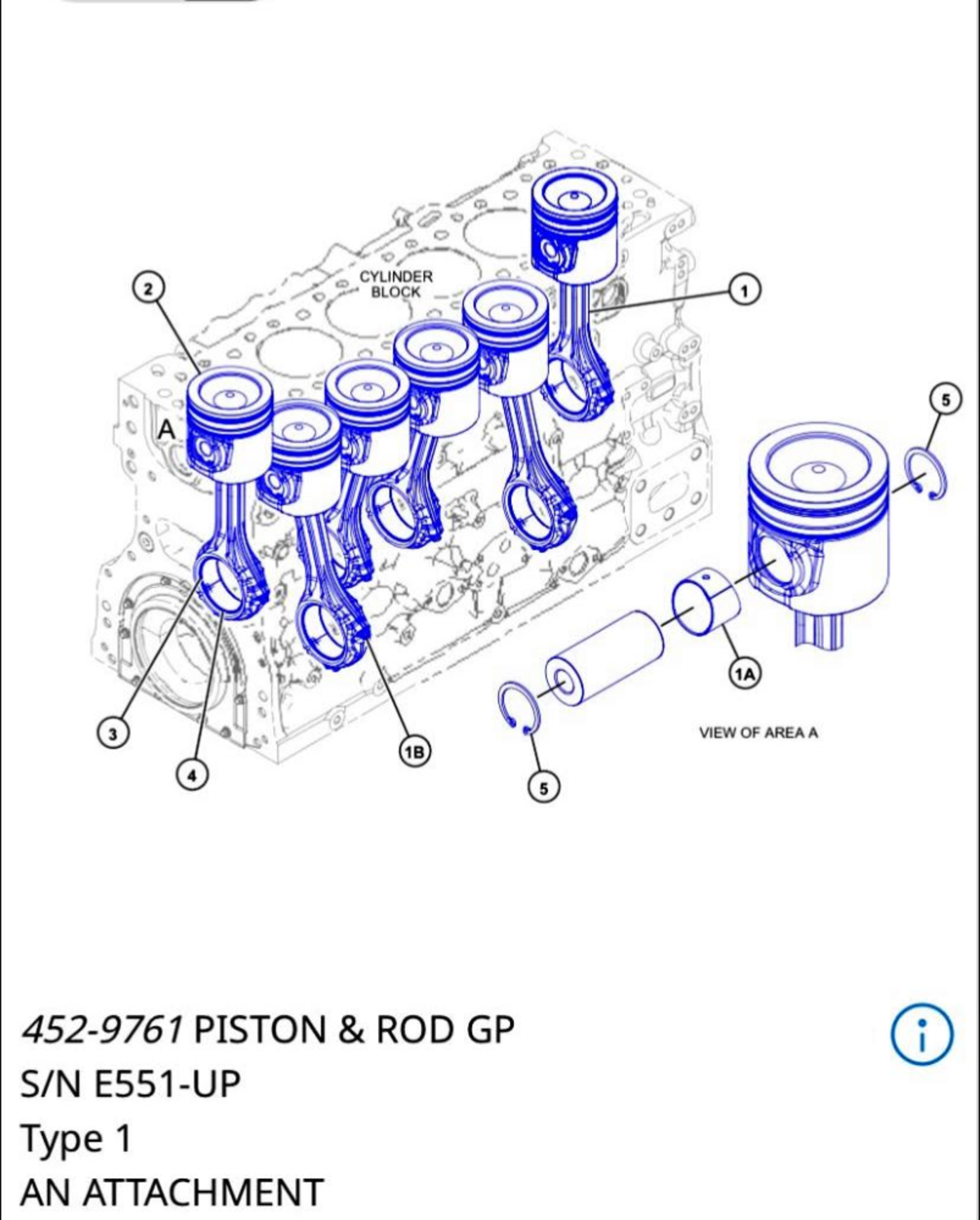 Motor diésel - CYLINDER BLOCK 1A 1B VIEW OF AREA A 452-9761 PISTON& ROD ...