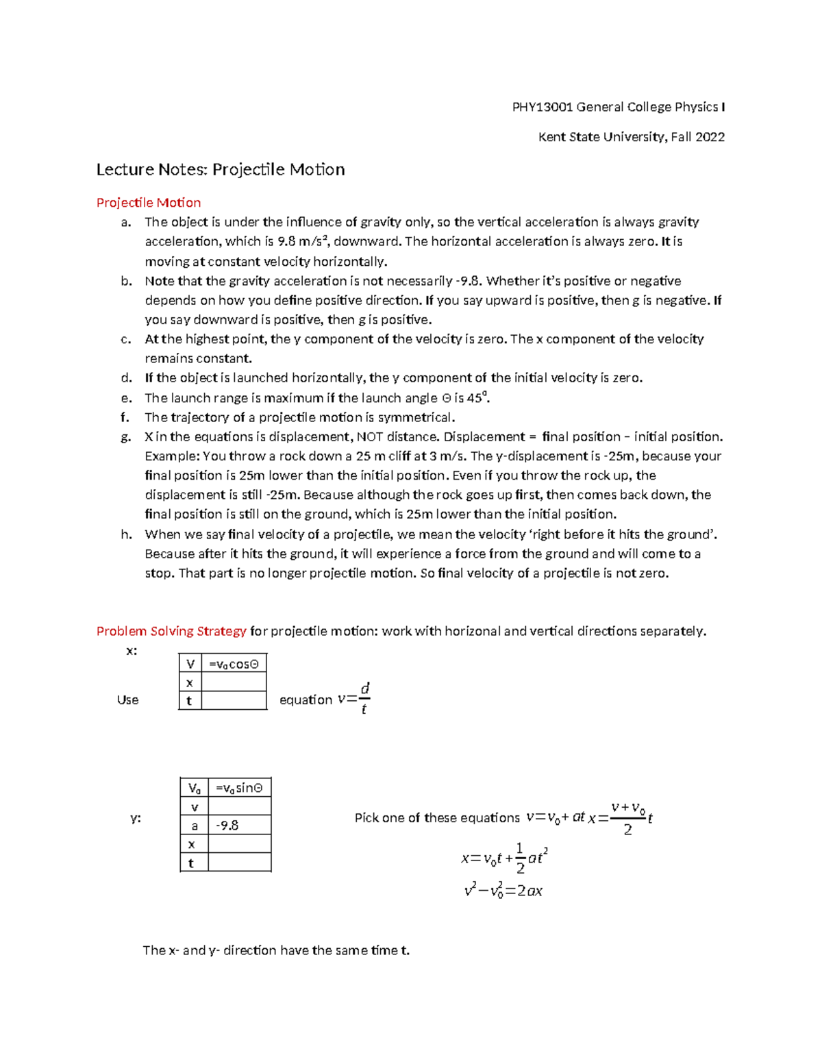 PHY13001 Fall 2022 Lecture Notes: Understanding Projectile Motion - Studocu