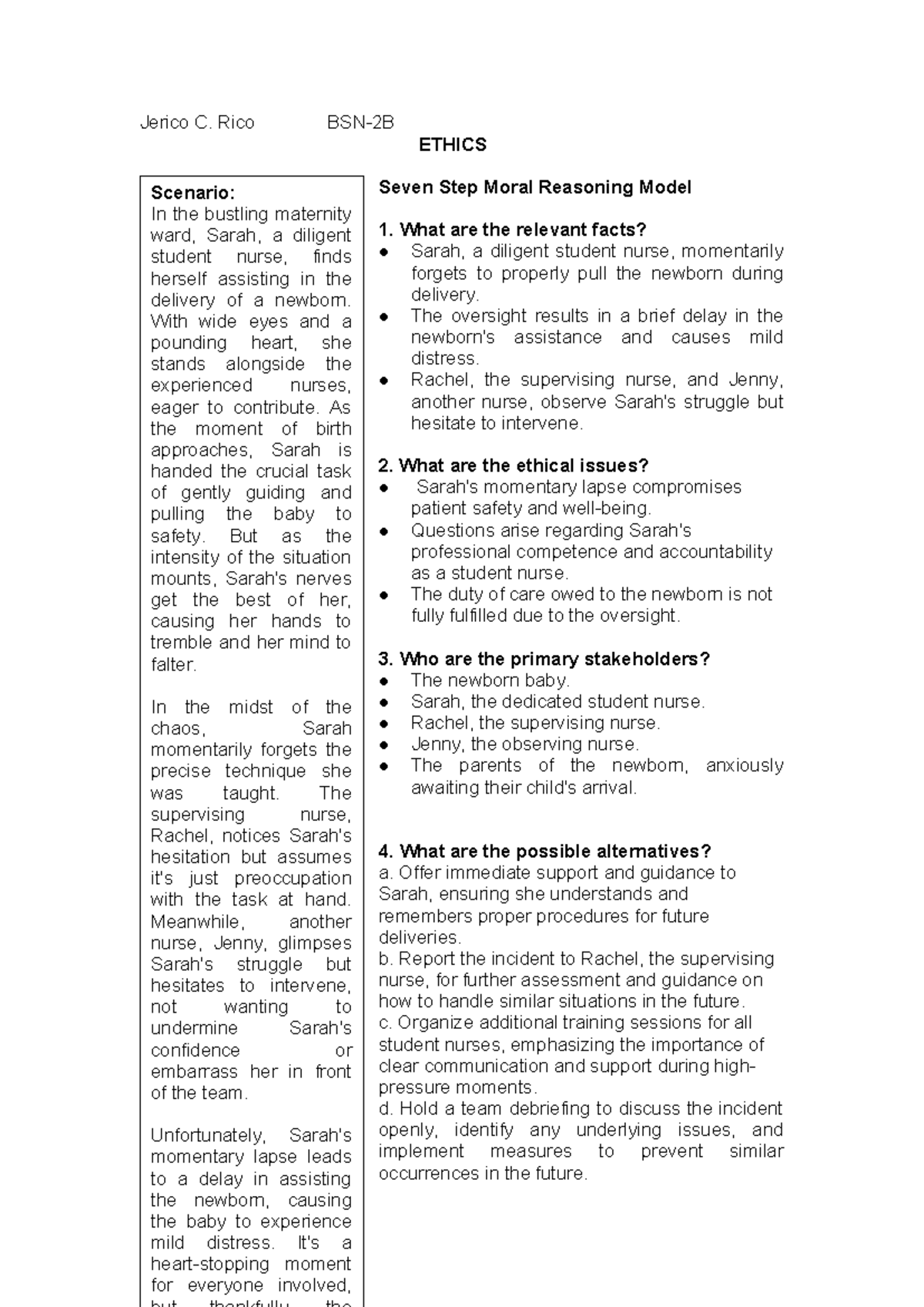 Ethics Case Study: Moral Reasoning in Nursing Practice (BSN-2B) - Studocu