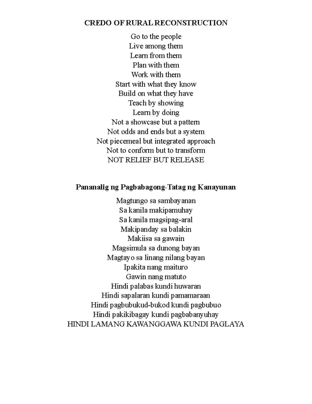 Credo for Rural Reconstruction: Principles of Community Empowerment ...