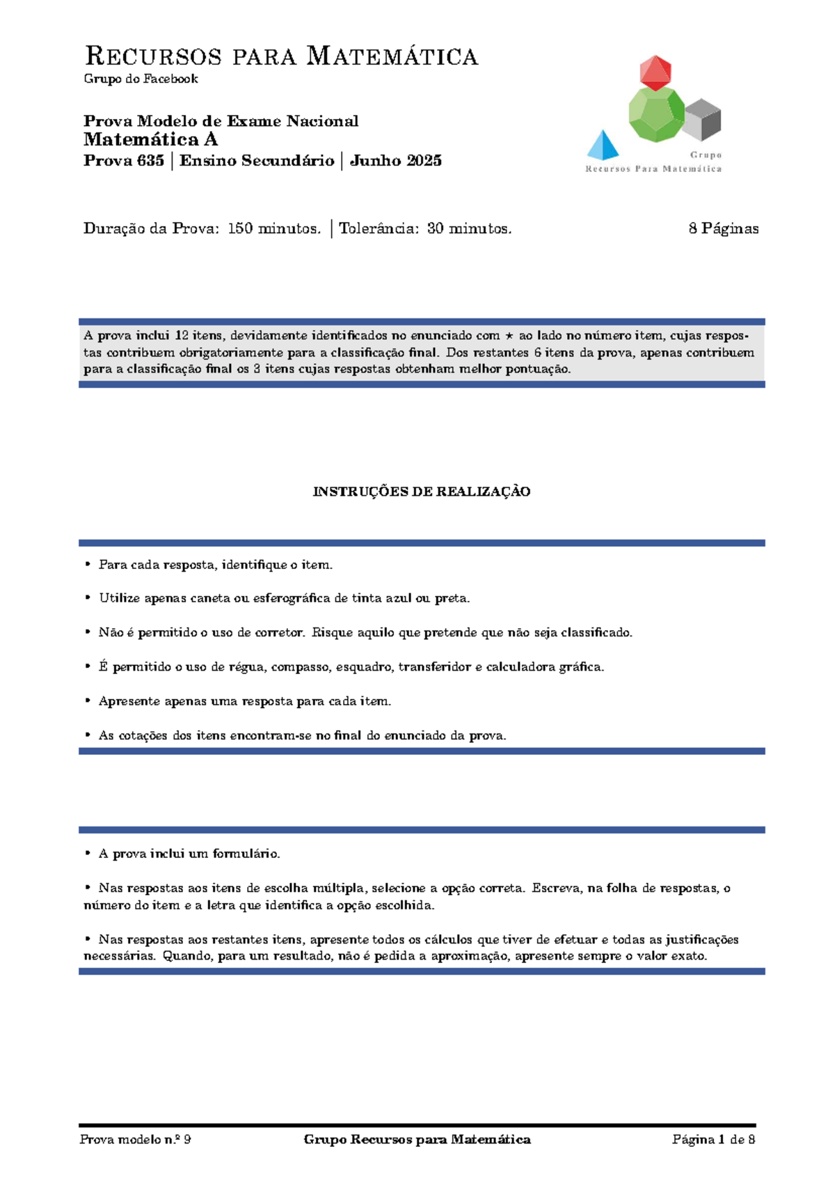 Prova Modelo n.º 9 - Matemática A - Ensino Secundário Junho 2025 - Studocu