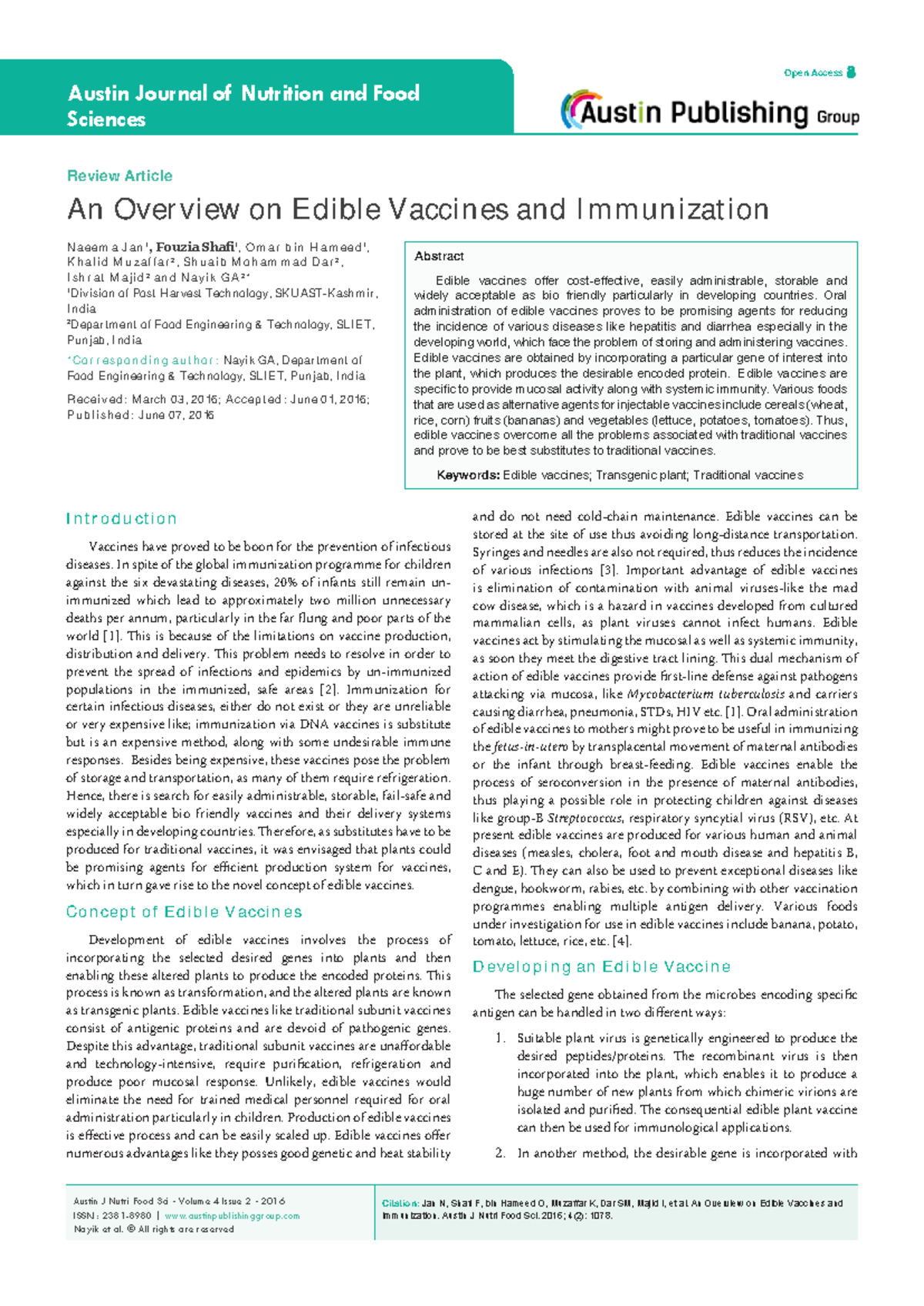 Edible Vaccines: An Overview of Immunization Strategies (Course Code ...