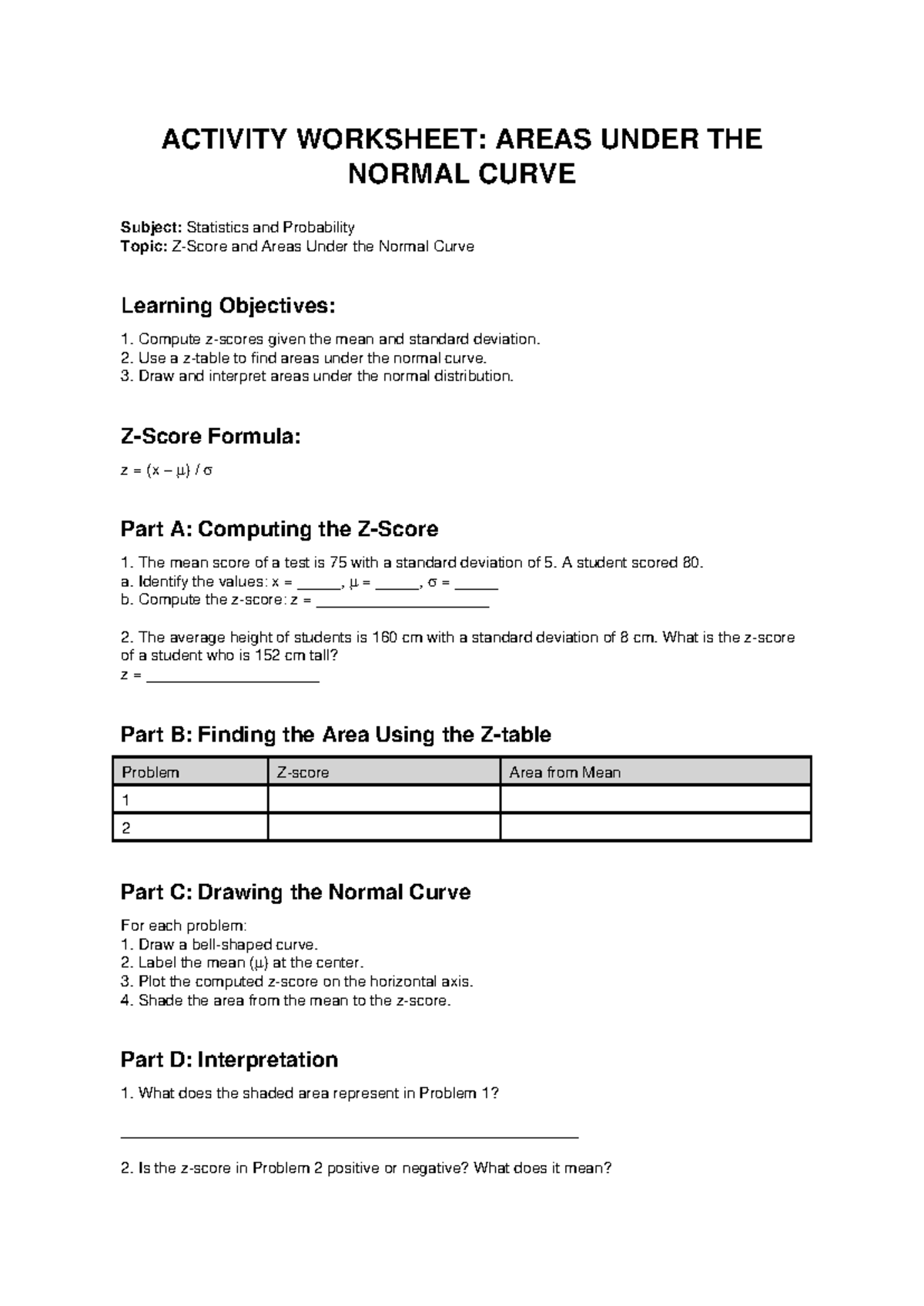 Worksheet: Areas Under the Normal Curve - Statistics & Probability ...