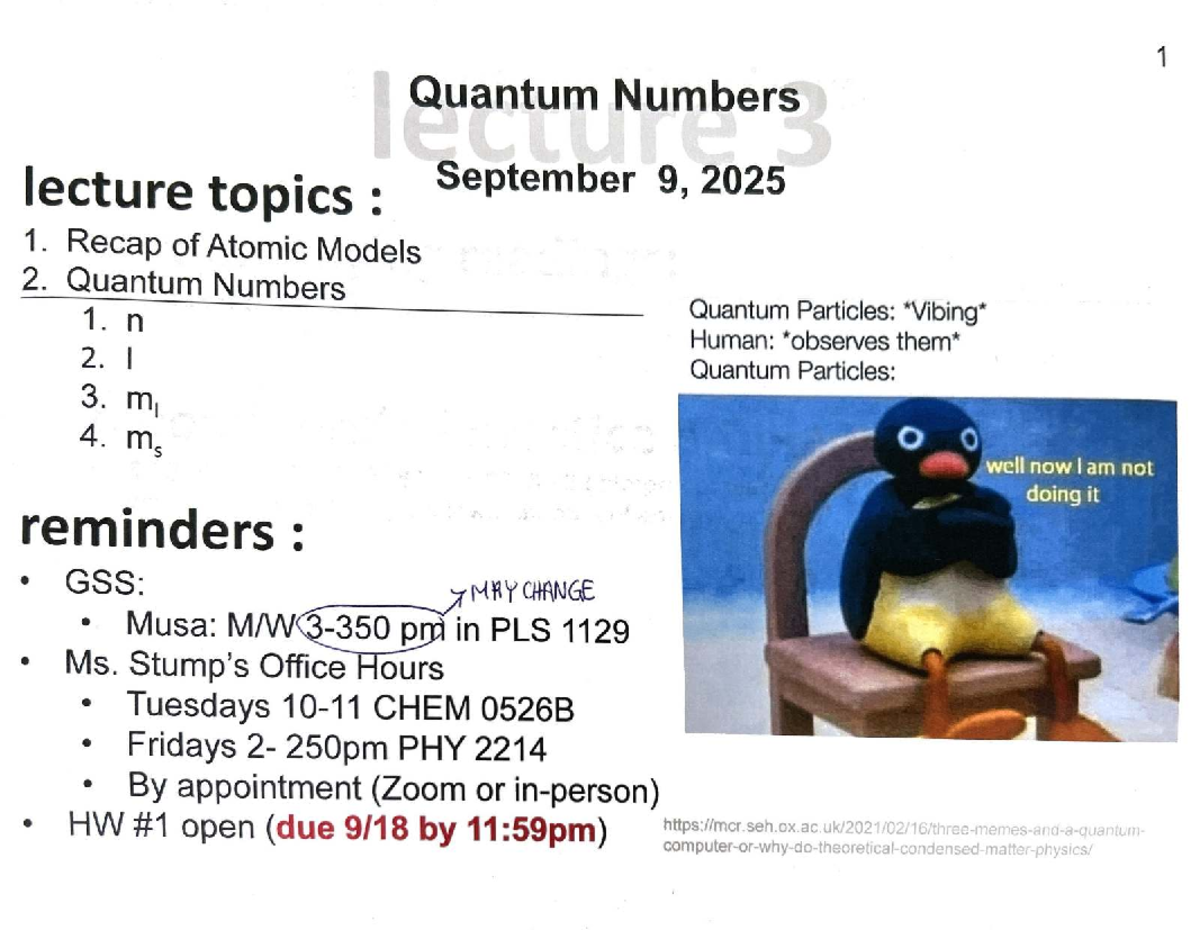 CHEM 0526B Lecture 3: Quantum Numbers & Atomic Models Overview - Studocu