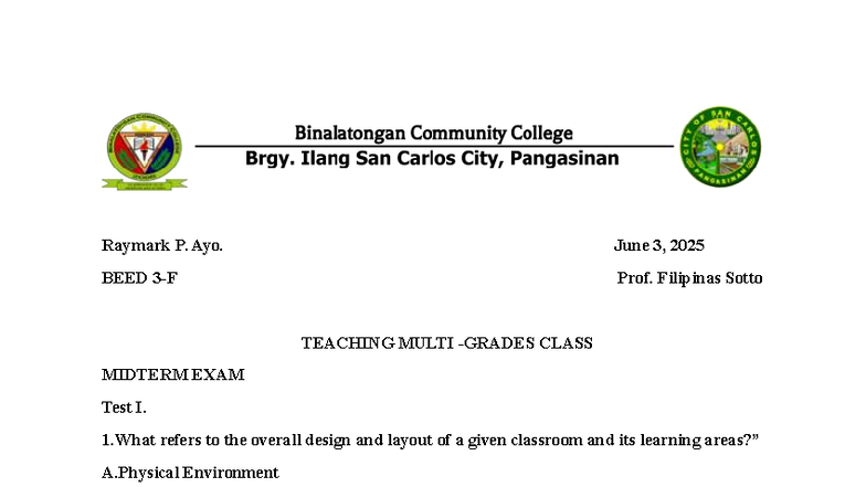 BEED Teaching Multi Grade Class Midterm Exam Review - Studocu
