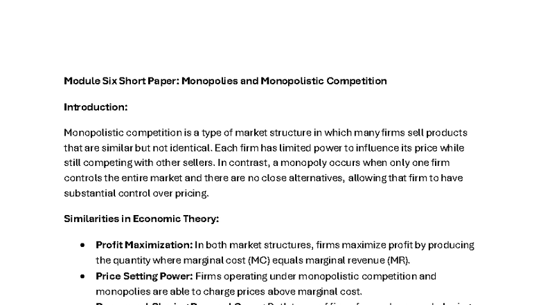 Module 6 Short Paper: Analyzing Monopolies vs. Monopolistic Competition ...