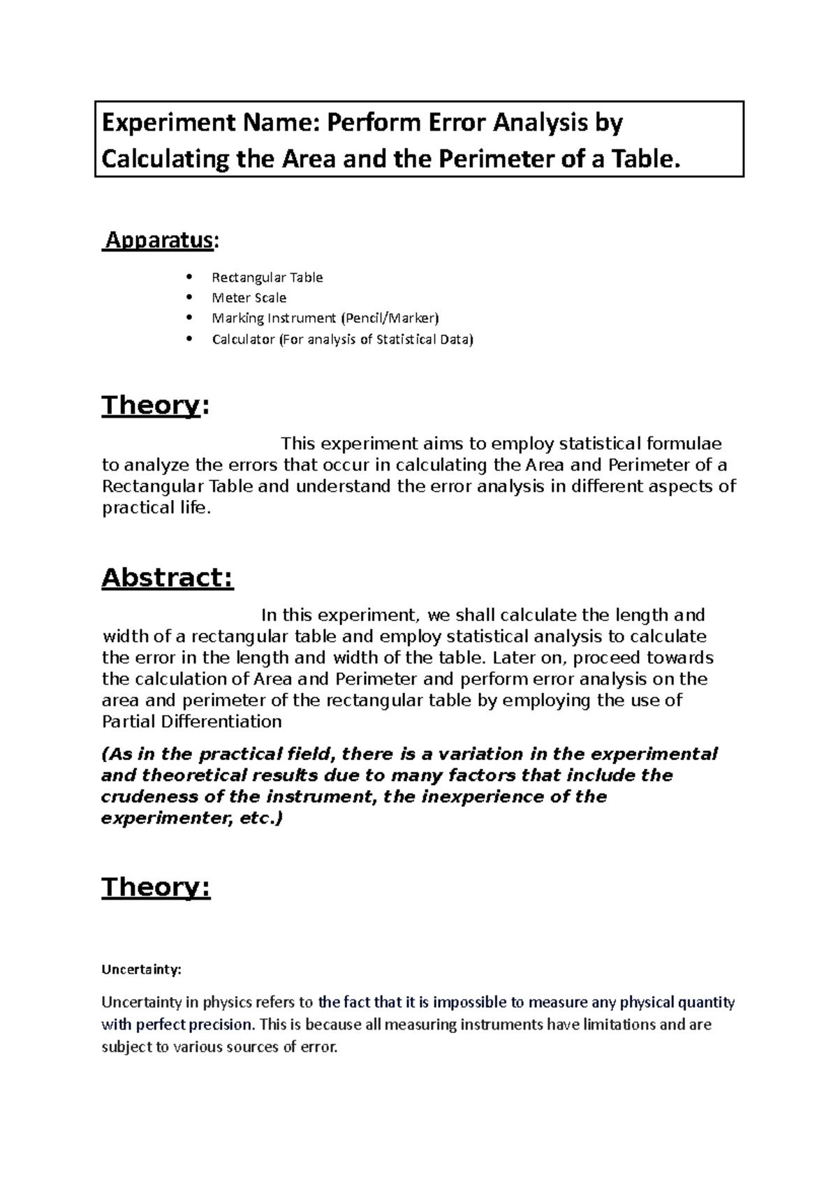 AP LAB Report 1: Error Analysis of Area, Perimeter, and Pendulum - Studocu