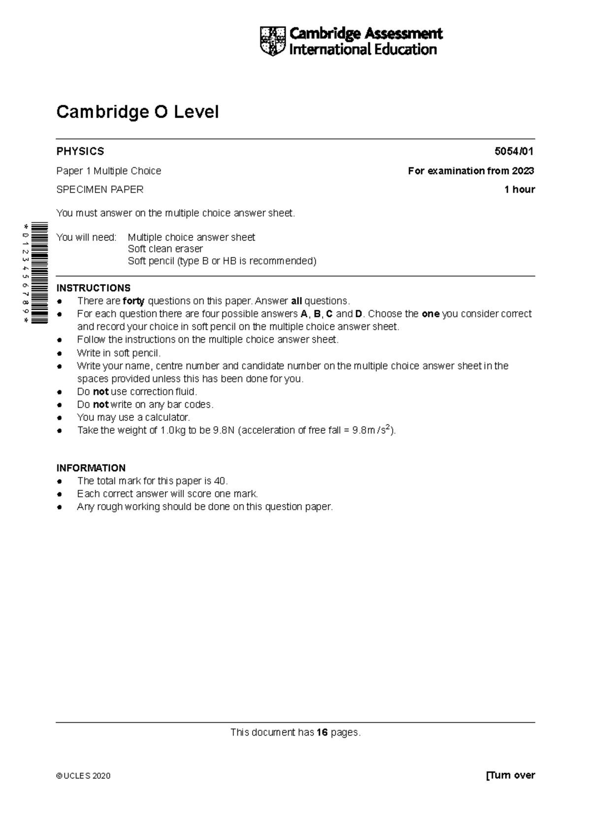 Cambridge O Level 2023 Specimen Paper 1 Multiple Choice Exam - Studocu