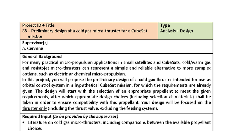 Project #86: Preliminary Design of a Cold Gas Thruster for CubeSat ...