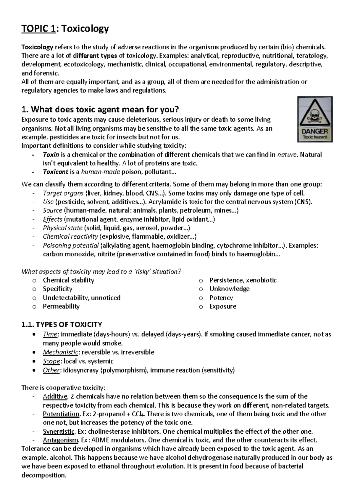 Toxicology Overview: Comprehensive Summary of Topic 1 - Studocu