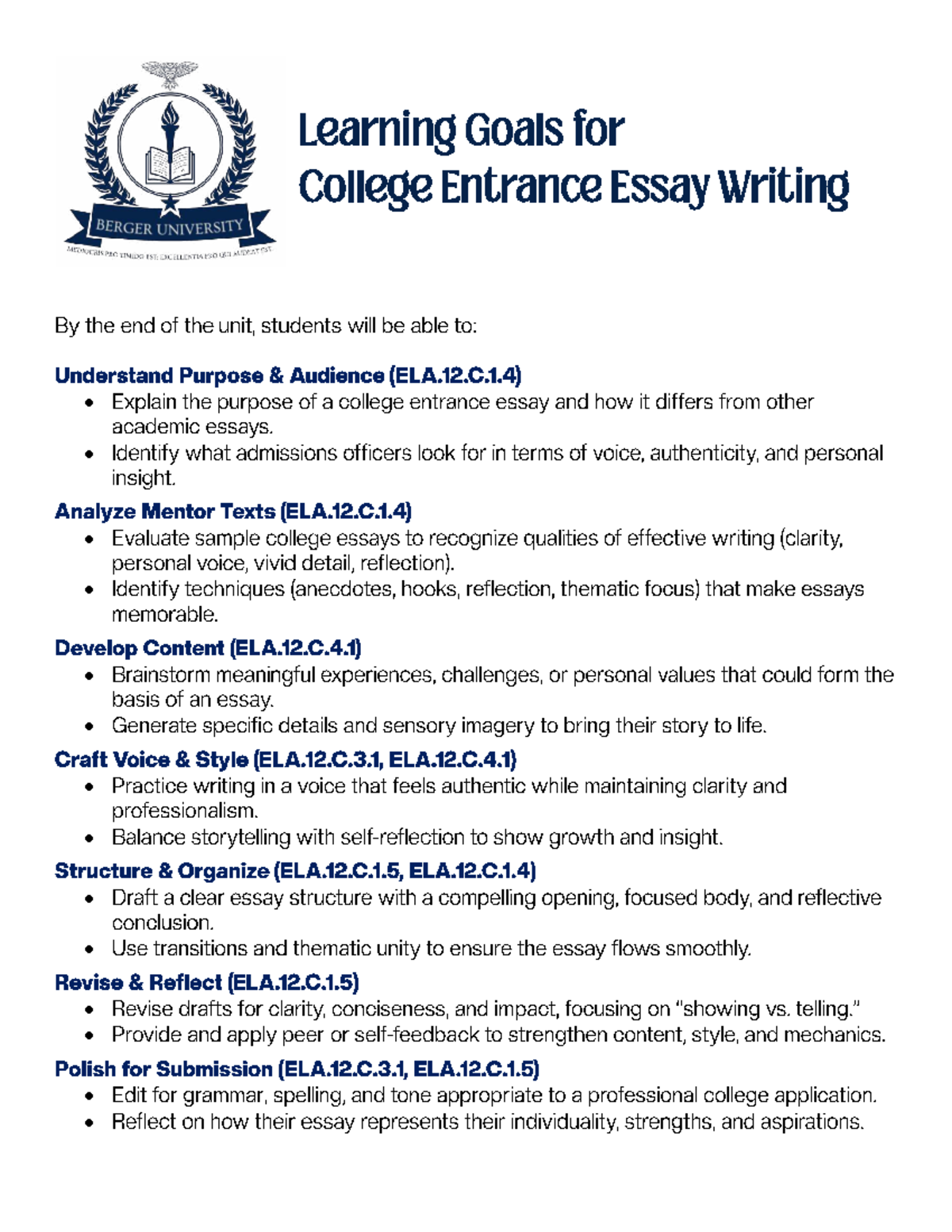 Learning Goals for College Entrance Essay Writing (ELA.12) - Studocu
