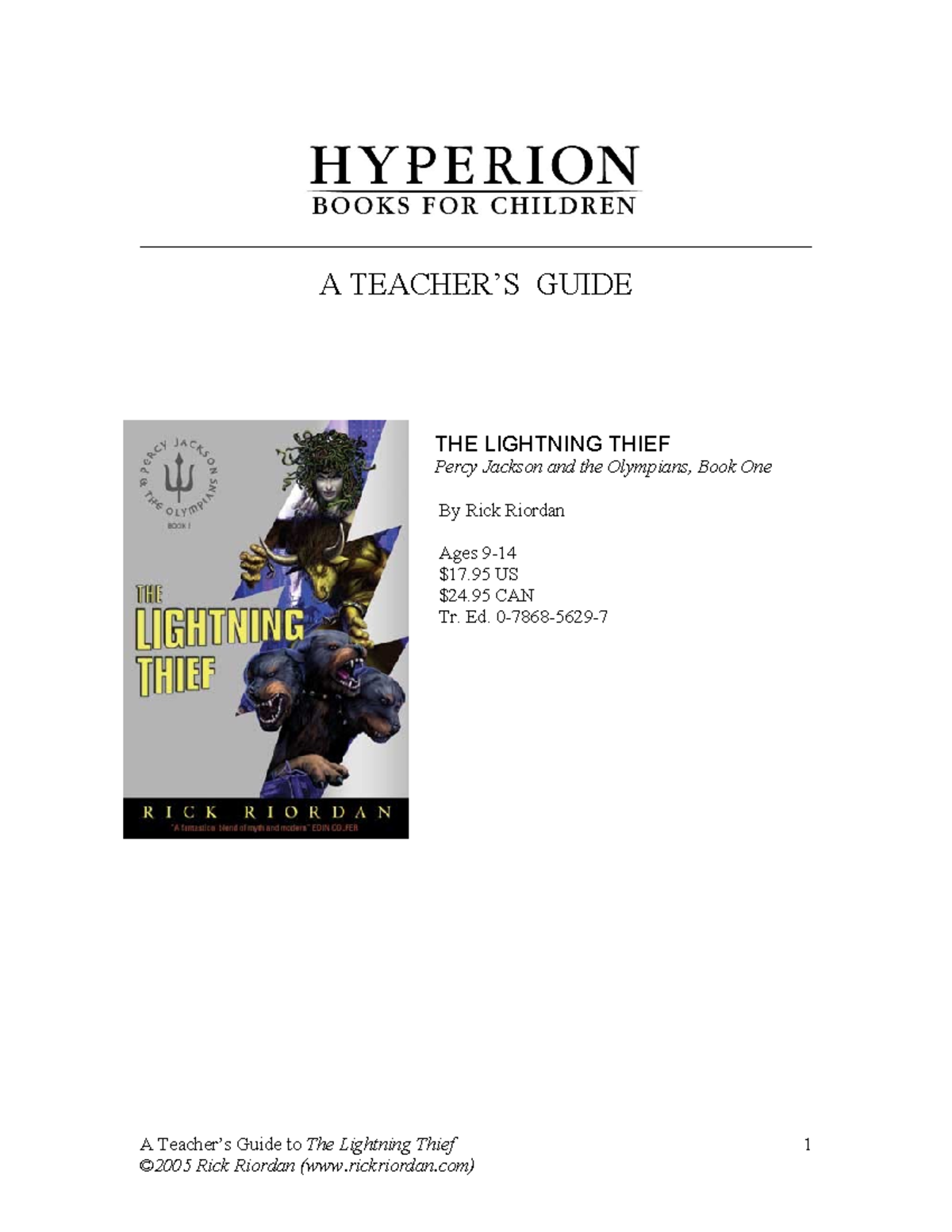 Teacher's Guide: Analyzing The Lightning Thief (Percy Jackson, Book 1 ...
