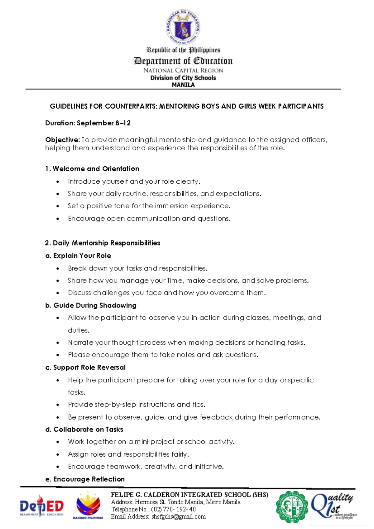 Guidelines for Mentoring Boys and Girls Week Participants (SHS) - Studocu