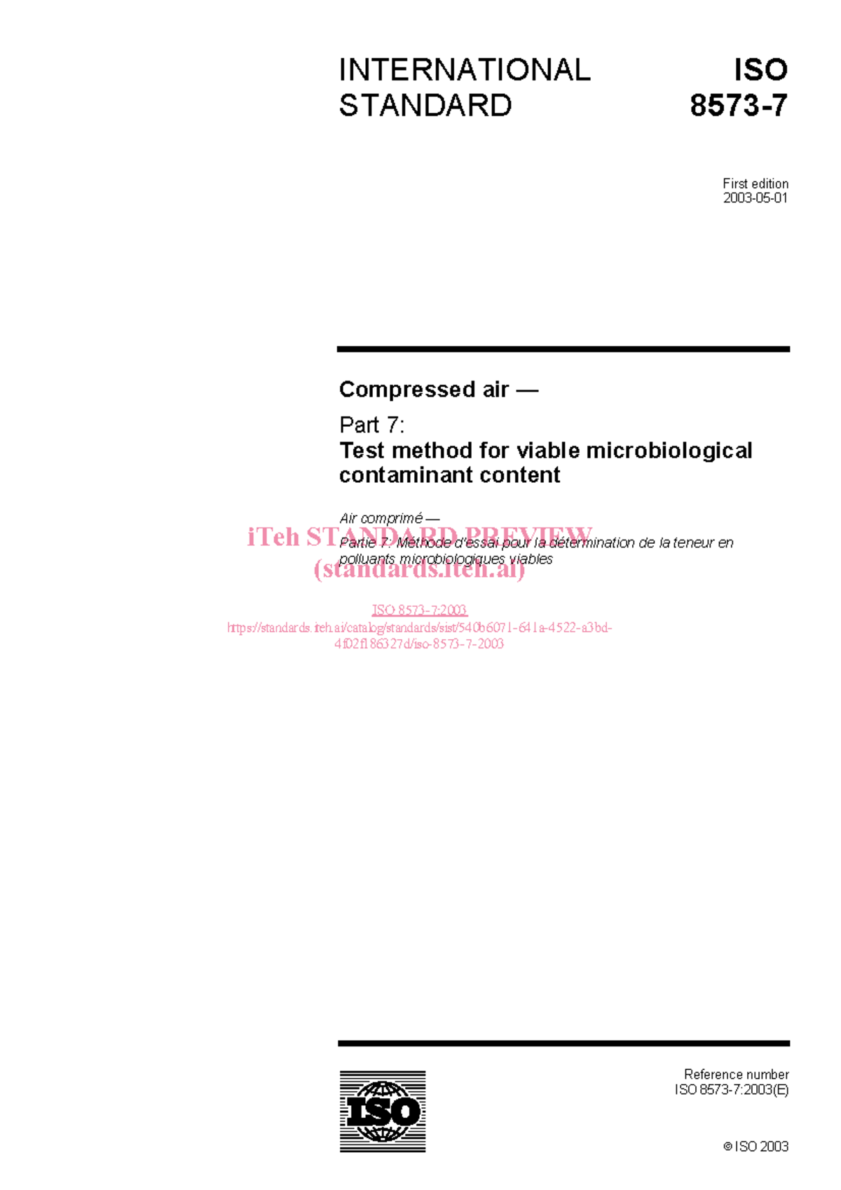 ISO 8573-7:2003 - Test Method for Viable Microbiological Contaminants ...