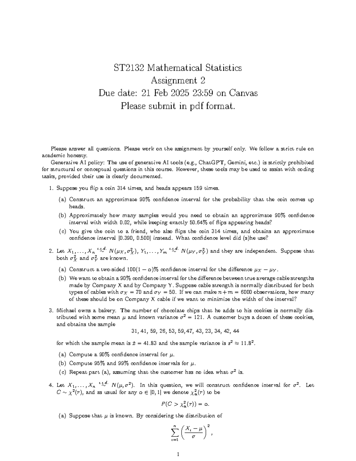 Assignment 2 ST2132 questions - ST2132 Mathematical Statistics Assignment 2 Due date: 21 Feb ...
