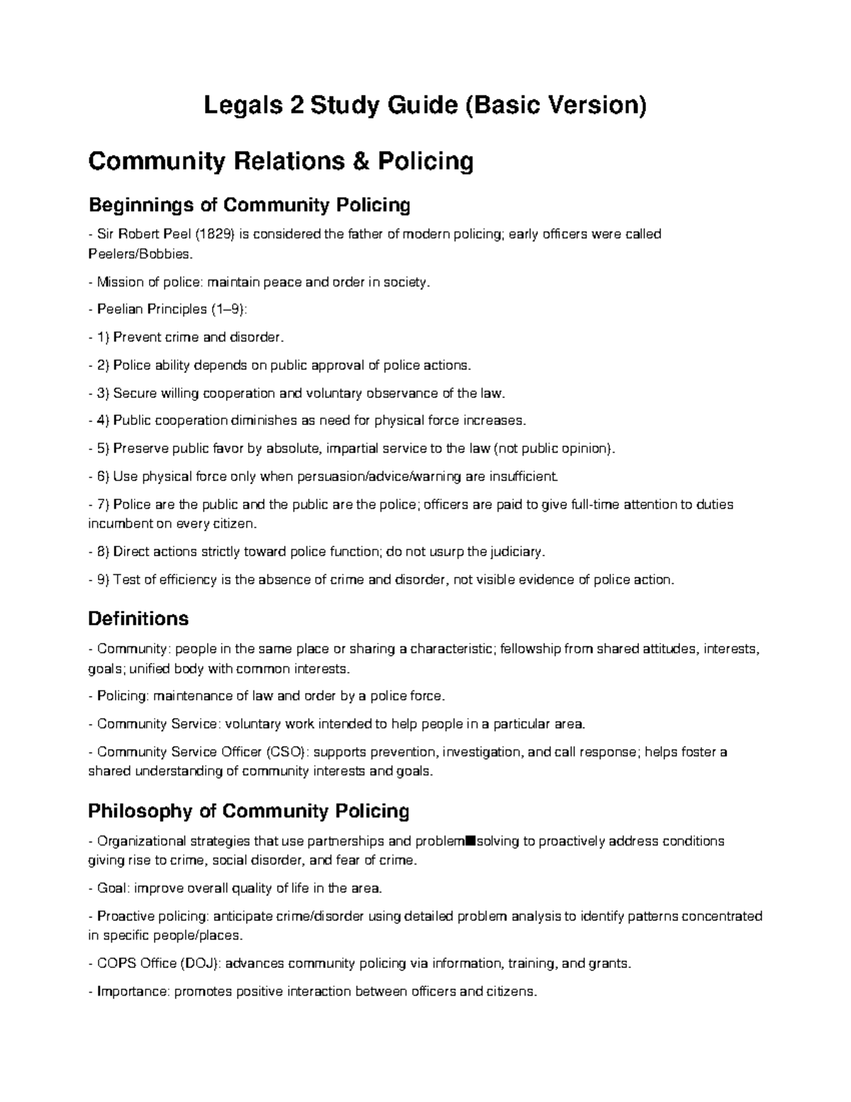 Legals 2 Study Guide: Community Relations & Policing Principles - Studocu